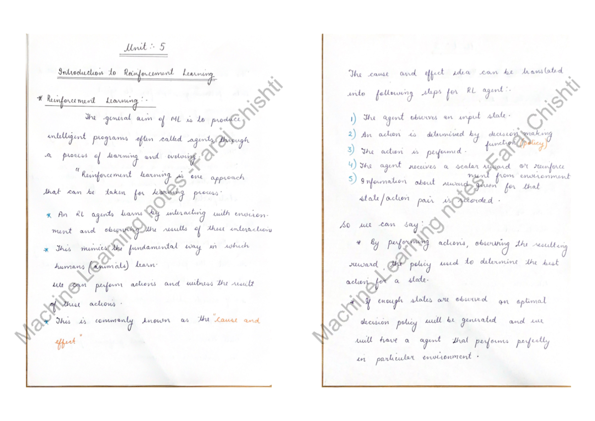 Unit 5 notes (1) - imp - Unit 5 Introduction to Reinforcement learning ...