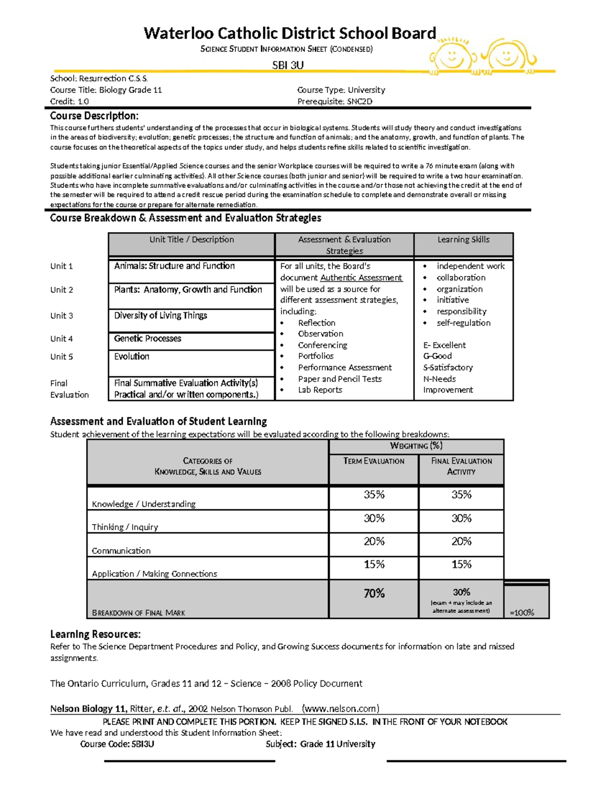 SBI3U - Biology Grade 11 Student Information Sheet - Studocu