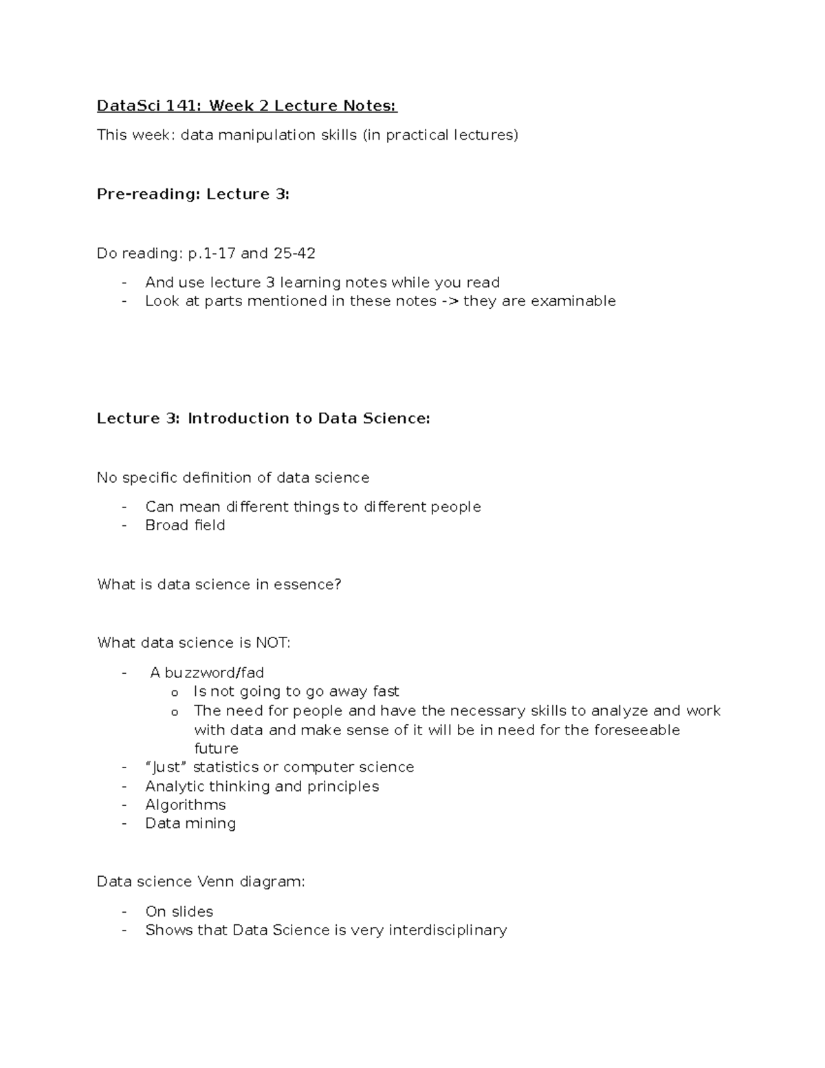 Data Sci 141 Week 2 Lecture Notes: Data Manipulation Essentials - Studocu