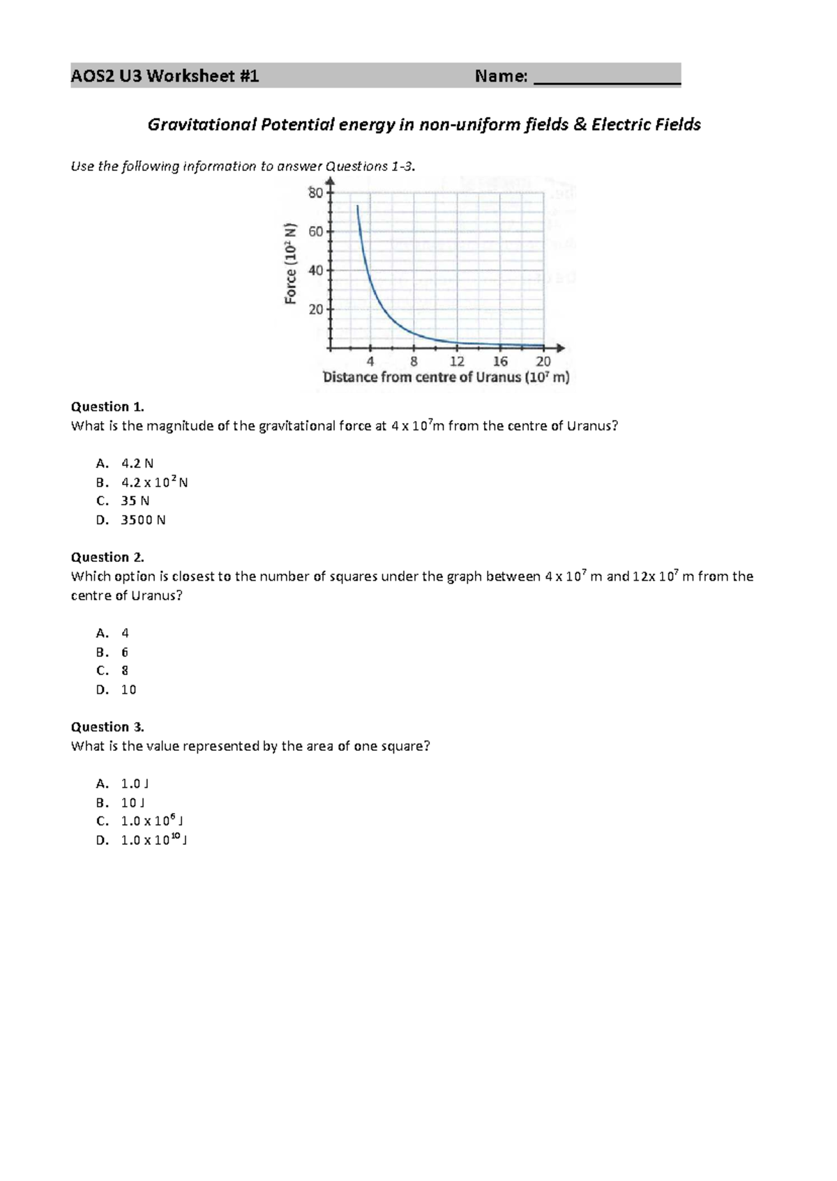 AOS2 U3 Worksheet: Gravitational Potential Energy & Electric Fields ...