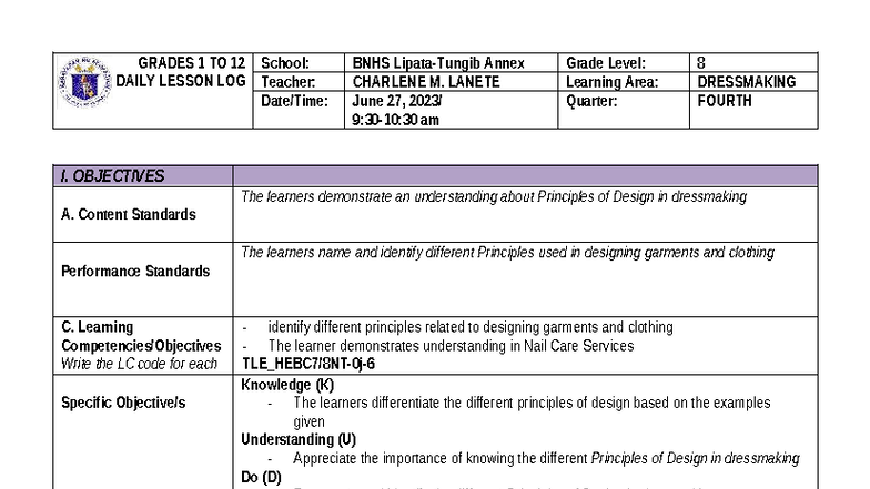 Demo Lesson Plan: Dressmaking 4TH Grade - Principles of Design - Studocu