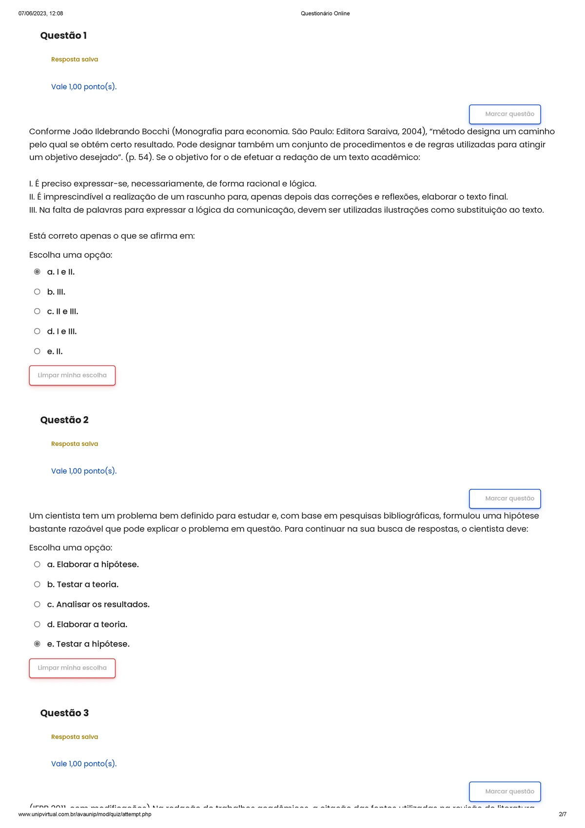 Questionario Unidade II Metodologia DO T - pode ser reproduzido ou ...