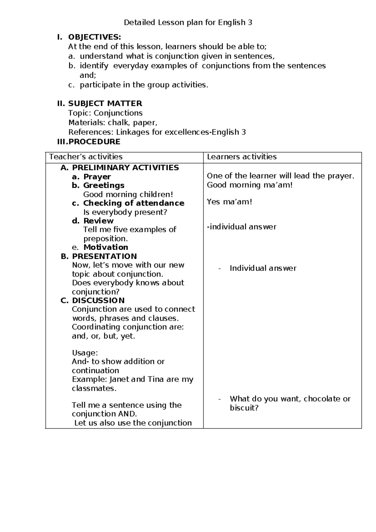 English 3 Detailed Lesson Plan on Conjunctions - Studocu