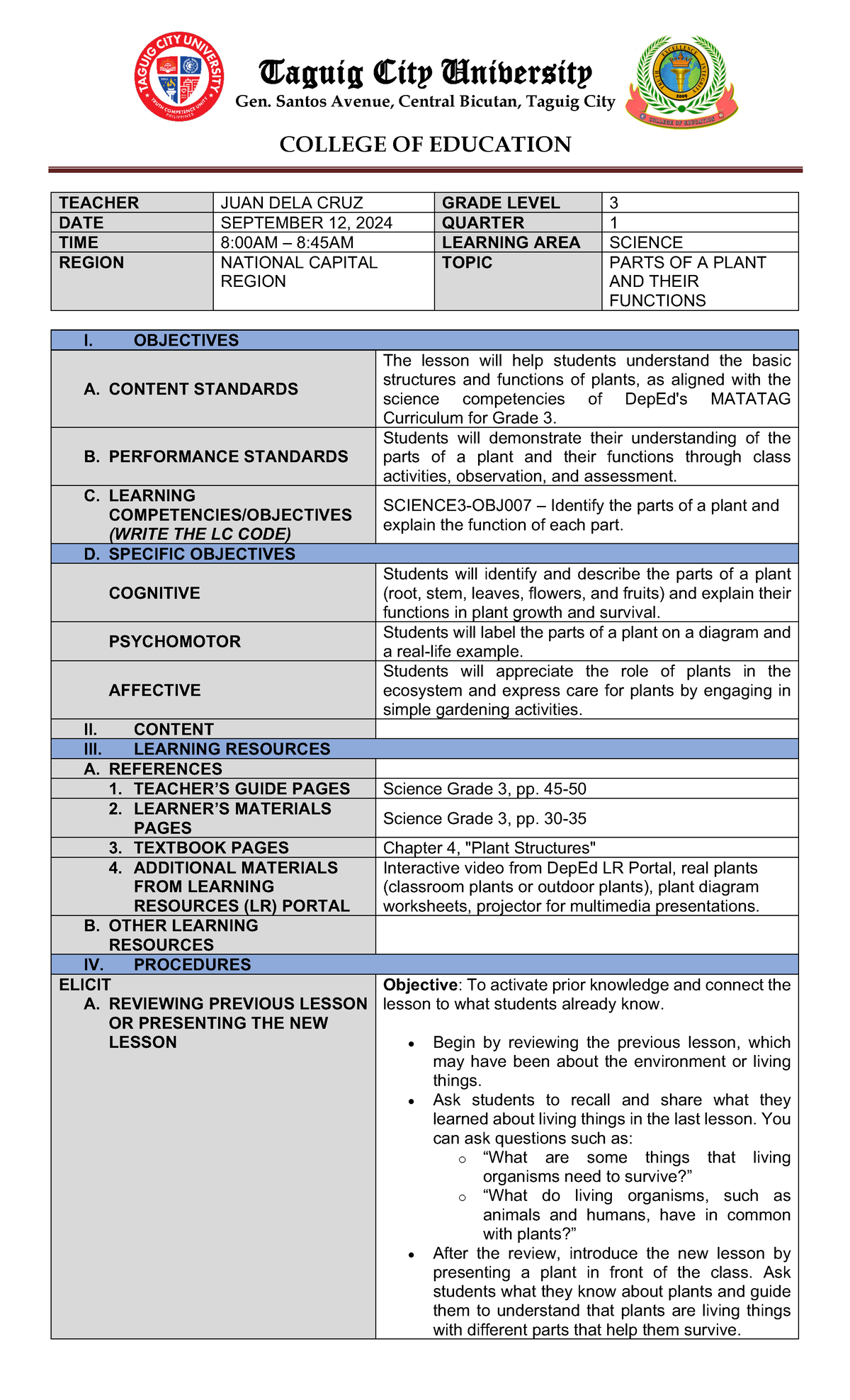 Teaching Lesson Plan for Grade 3 Science: Parts of a Plant (EDU 101 ...