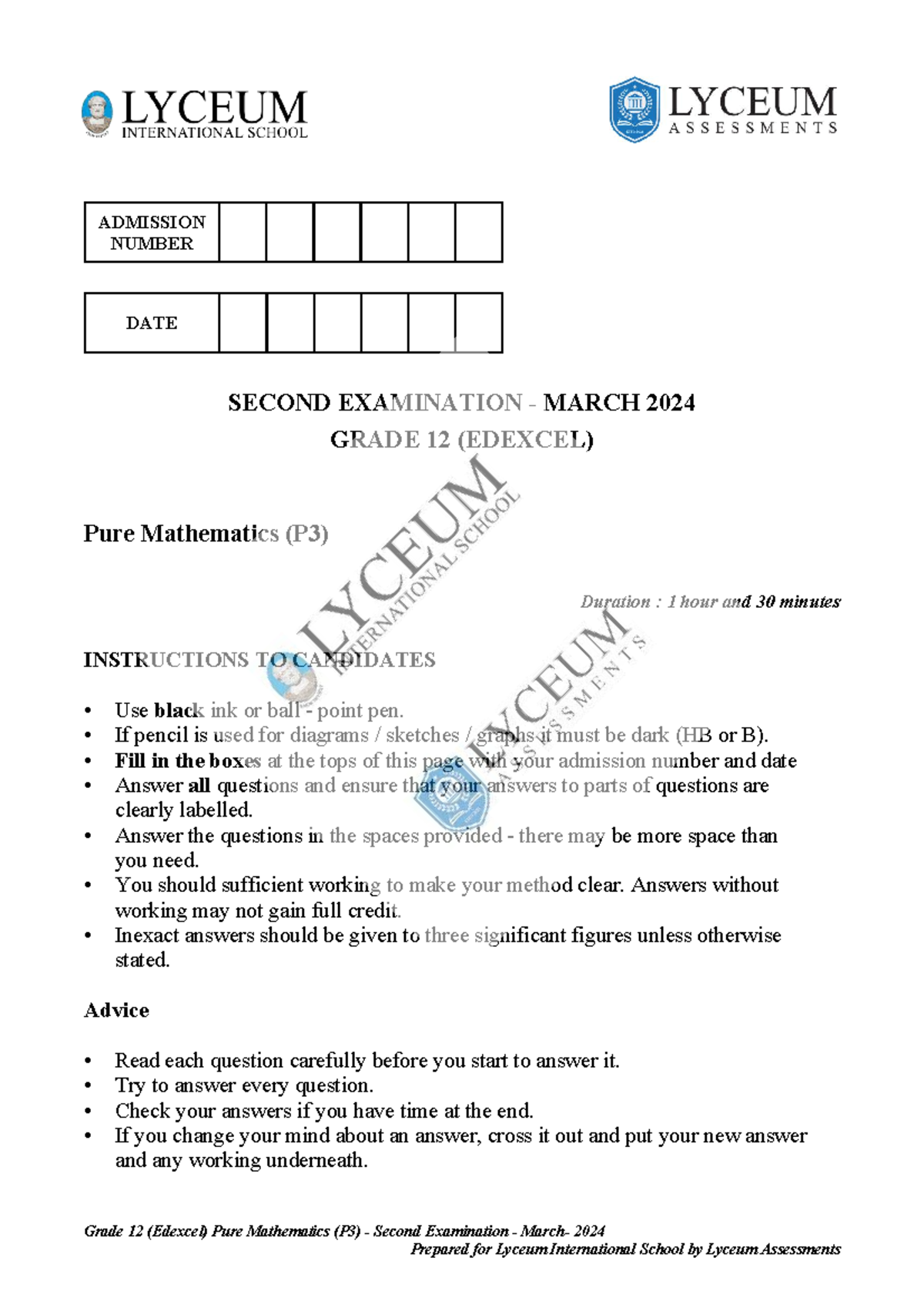 Grade 12 (Edexcel) Pure Maths P3 - Second Exam March 2024 - Studocu
