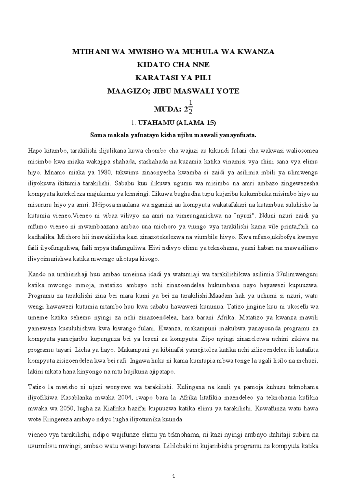Kiswahili KIDATO CHA NNE Mtihani wa Mwisho wa Muhula wa Kwanza - Karatasi ya Pili - Studocu
