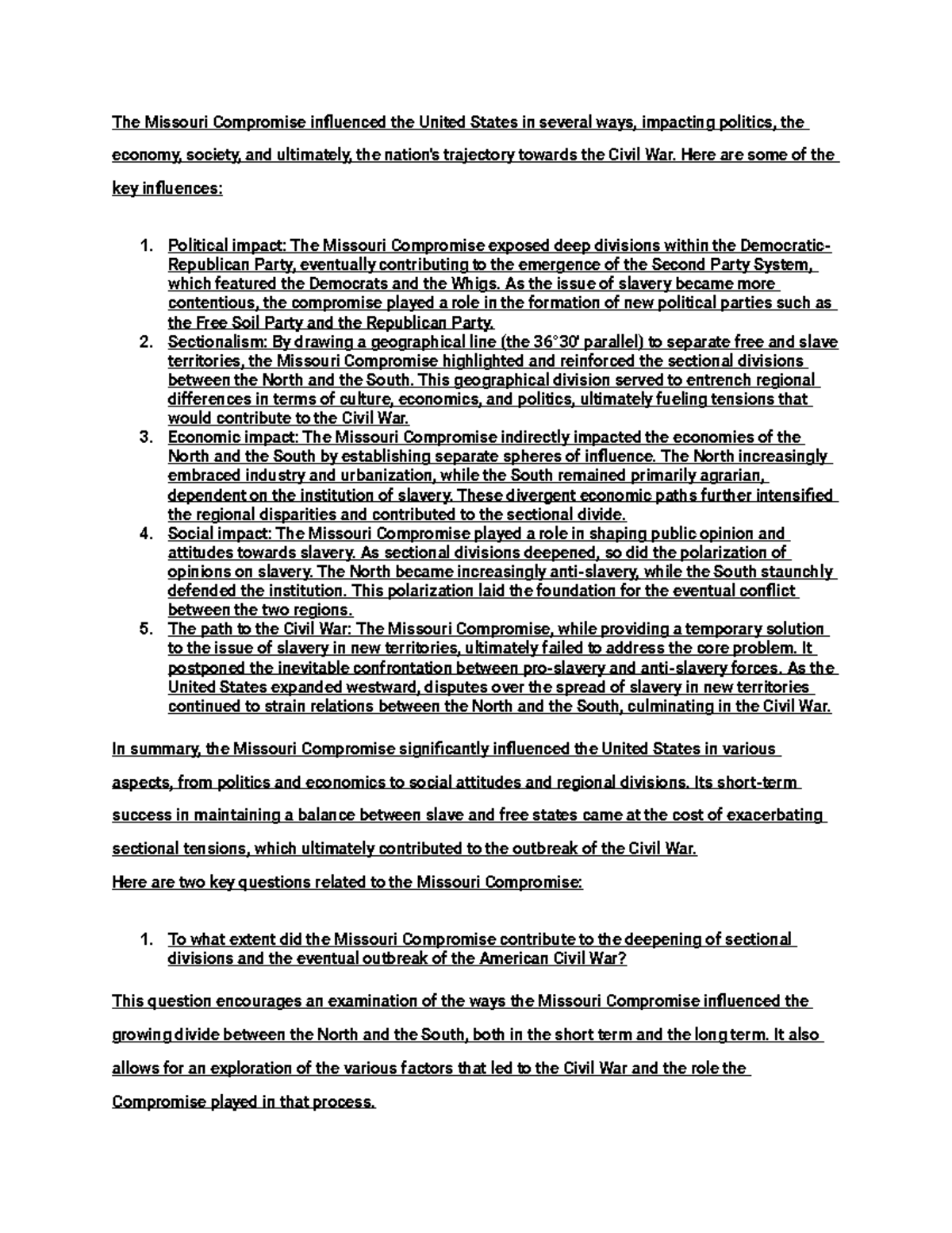 The Missouri Compromise: Influences on US Politics and Society - Studocu