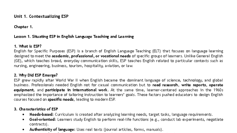 Unit 1: Contextualizing ESP in English Language Teaching and Learning - Studocu