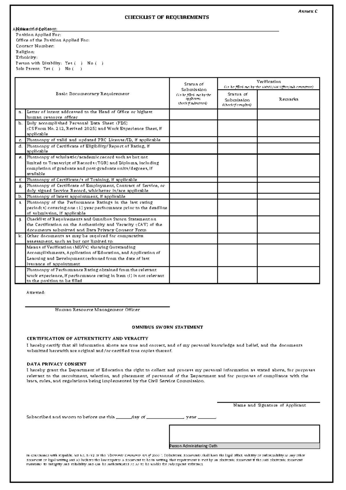 Annex C: Checklist of Requirements & Omnibus Sworn Statement - Studocu