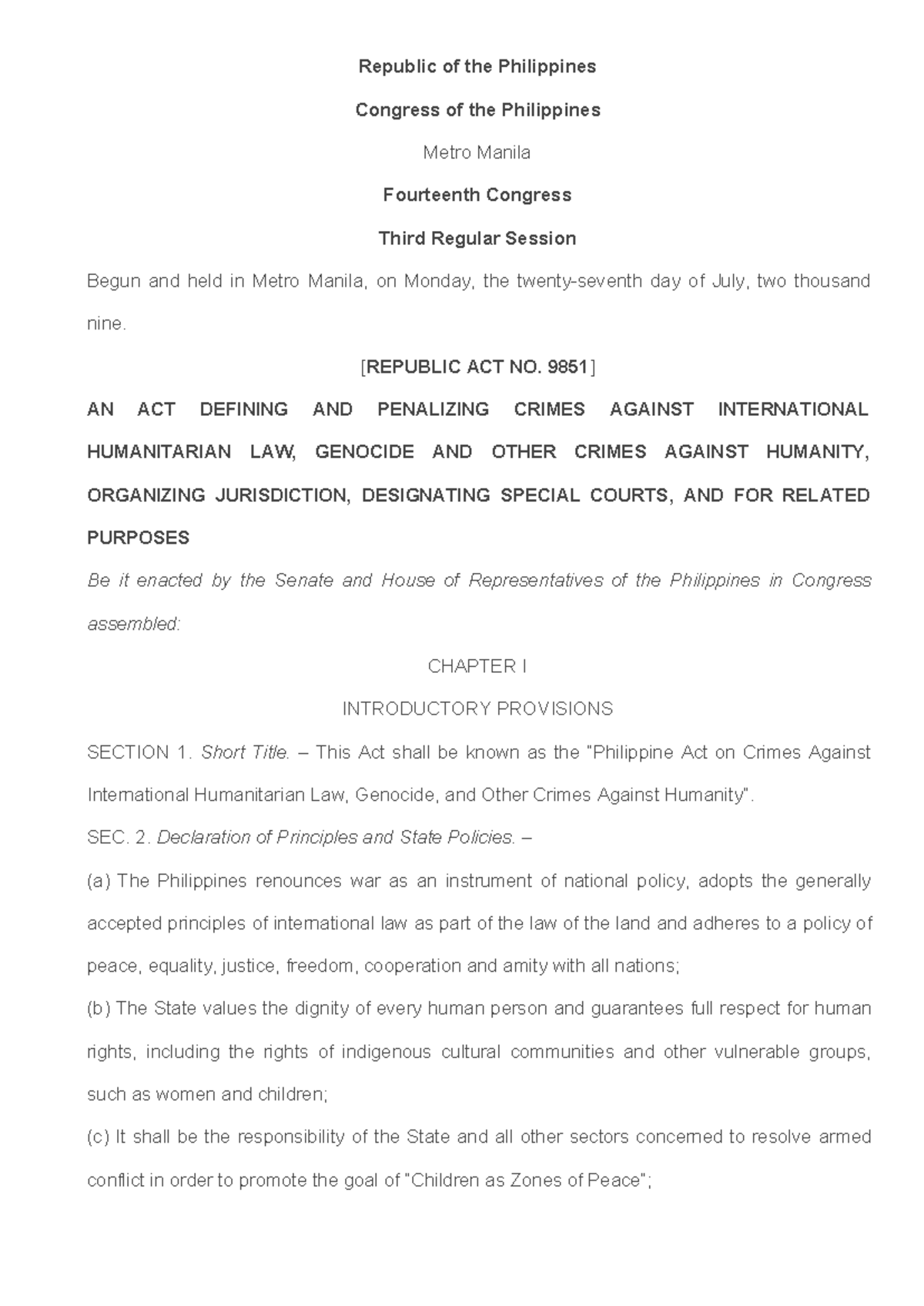 R.A. 9851 - R.A. 9851 - Republic of the Philippines Congress of the ...