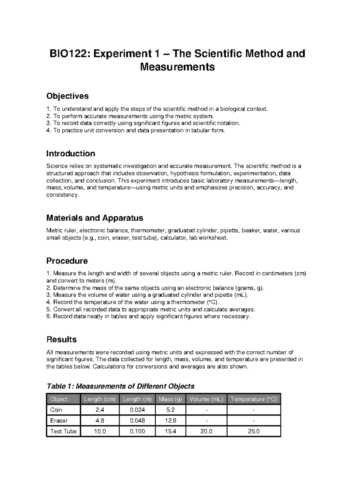 BIO122: Exp 1 - Scientific Method & Measurements with Results - Studocu