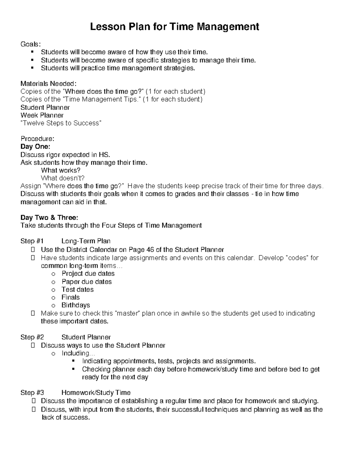 Lesson Plan Time Management - Lesson Plan for Time Management ...