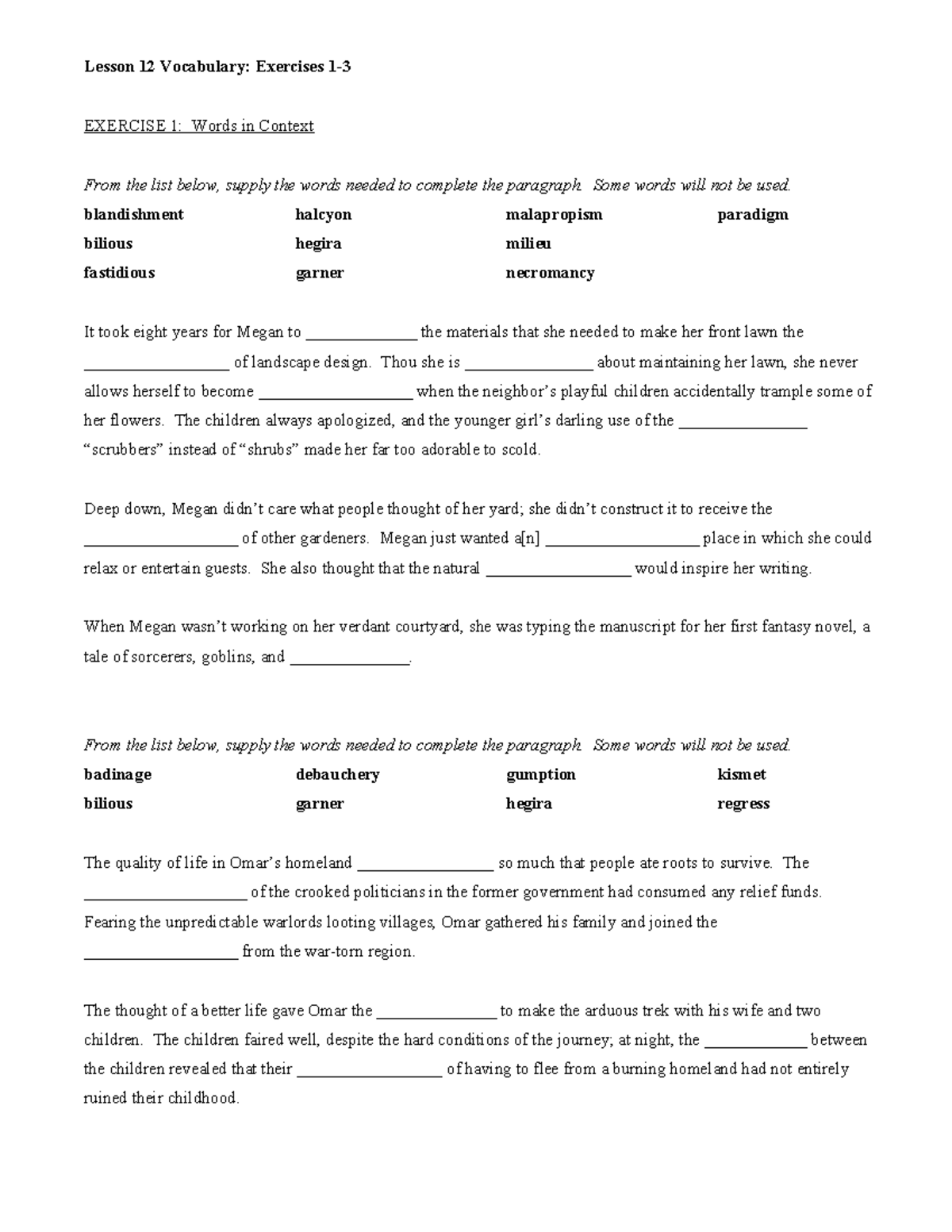Lesson 12 Vocabulary Exercises: Words in Context (Vocabulary 12Work ...