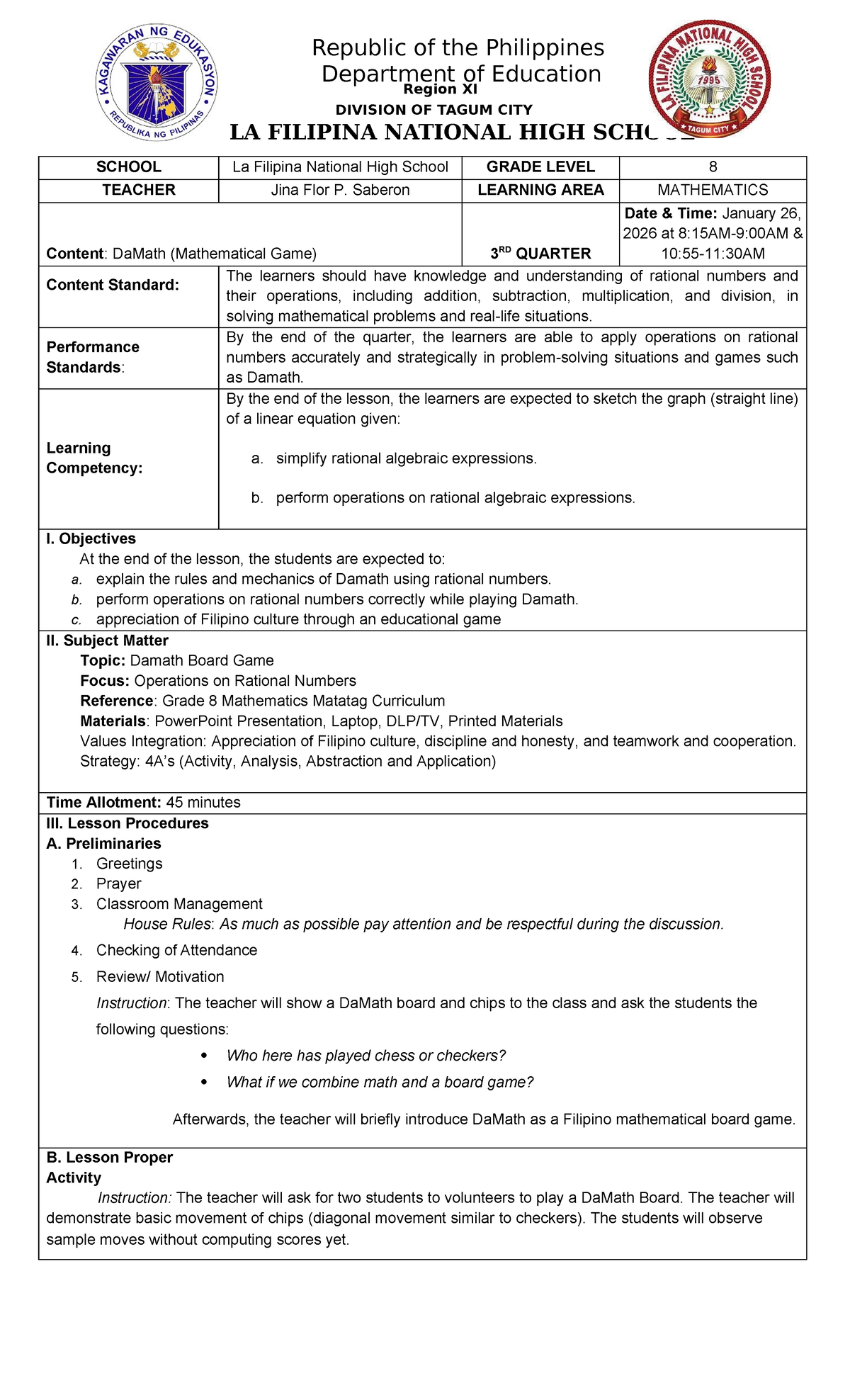 Lesson Plan: DaMath Game for Grade 8 Mathematics (MATH 8) - Studocu