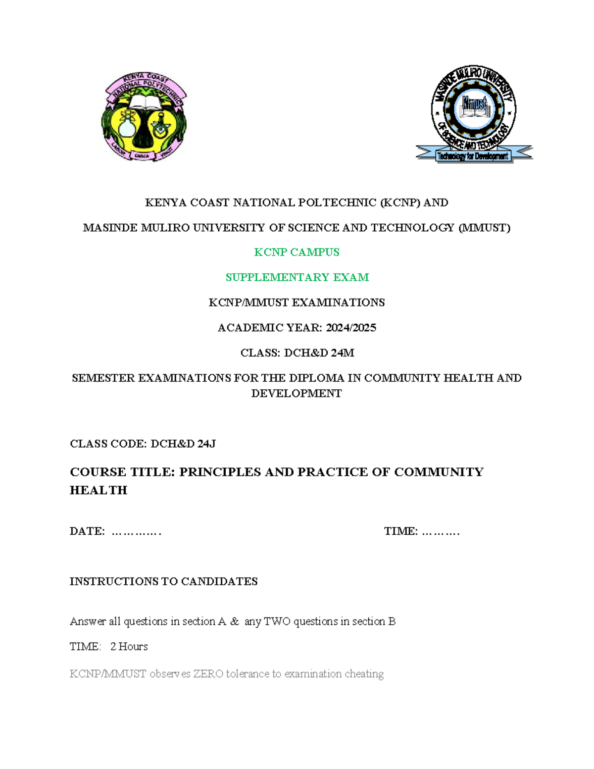 KCNP & MMUST 24M Supplementary Exam: Community Health Principles - Studocu