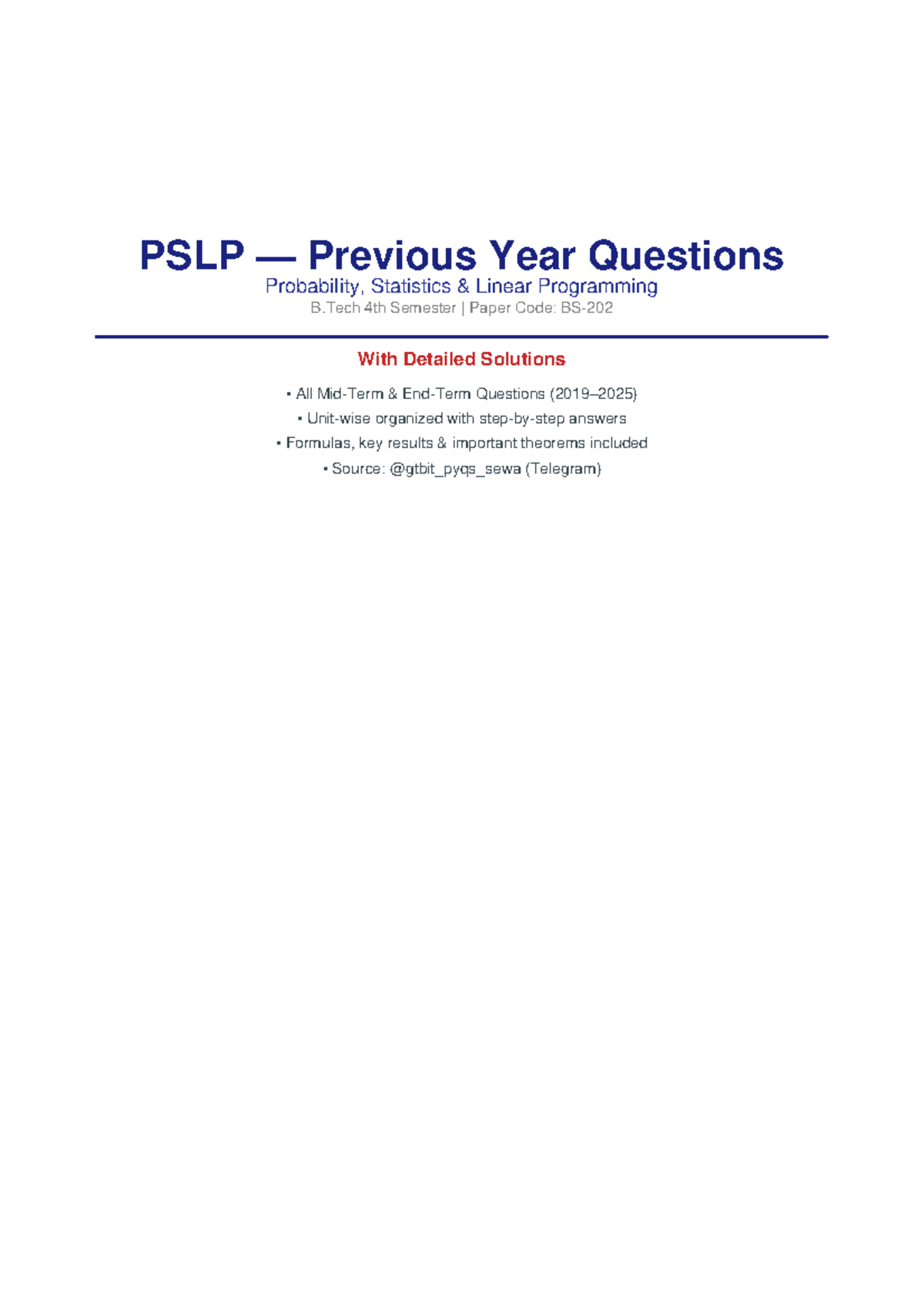 PSLP B.Tech 4th Sem PYQ Solutions: Probability & Statistics - Studocu