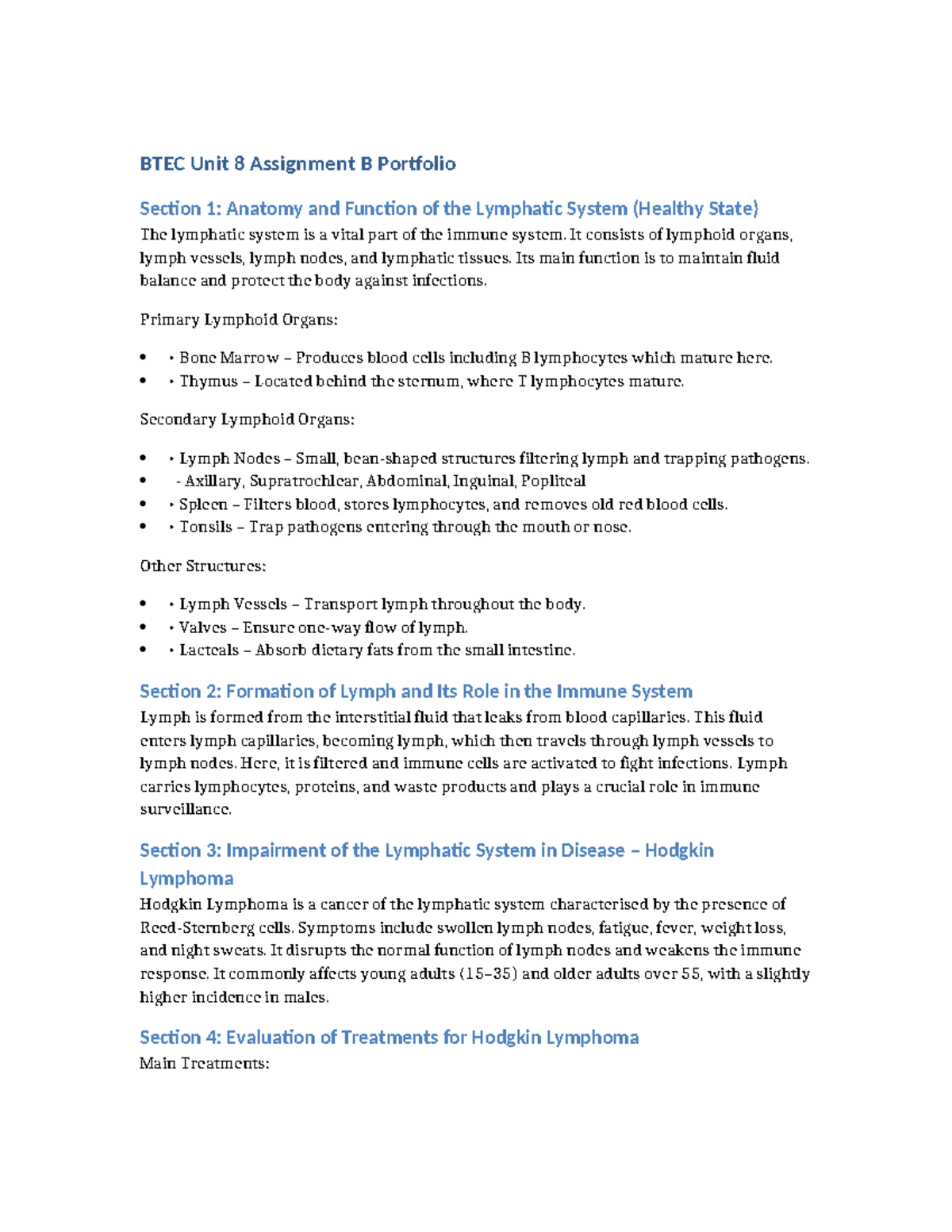 BTEC Unit 8 Assignment: Anatomy & Function of the Lymphatic System ...