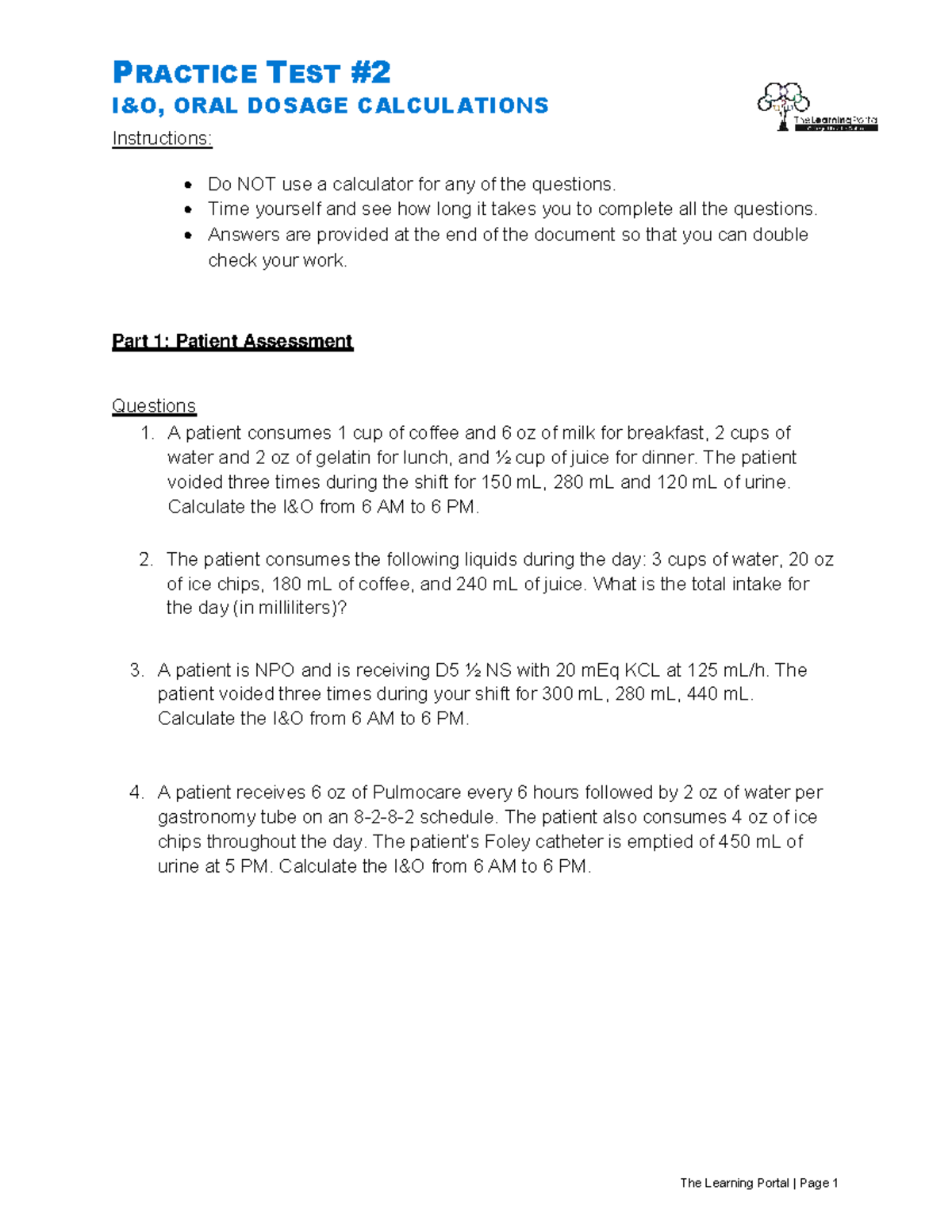 Practice Test 2 IO: Oral Dosage Calculations - Studocu