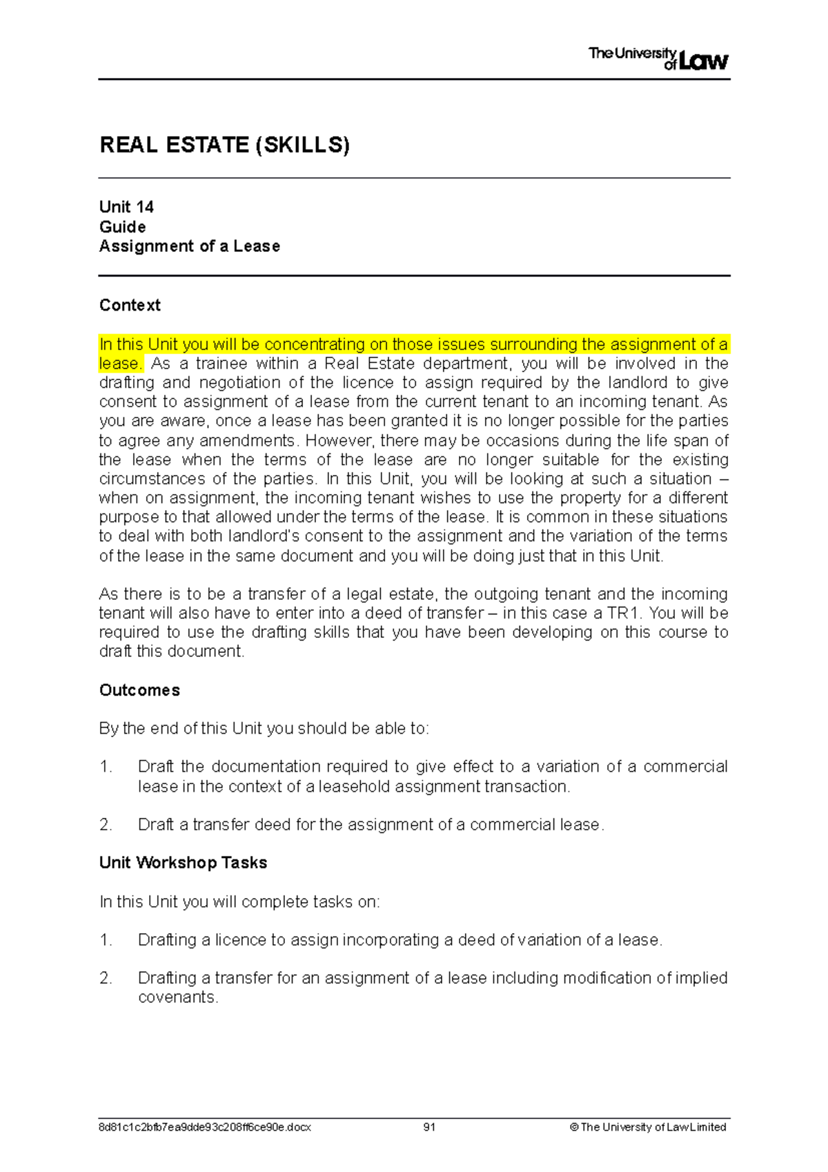 Real Estate Skills Unit 14: Assignment of a Lease Workshop Guide - Studocu