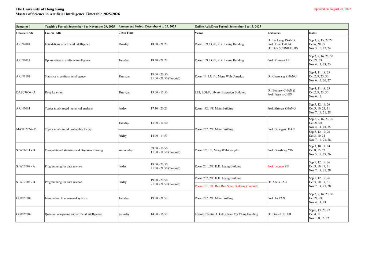 MSc AI Timetable 2025-2026 (Updated August 20, 2025) - Studocu