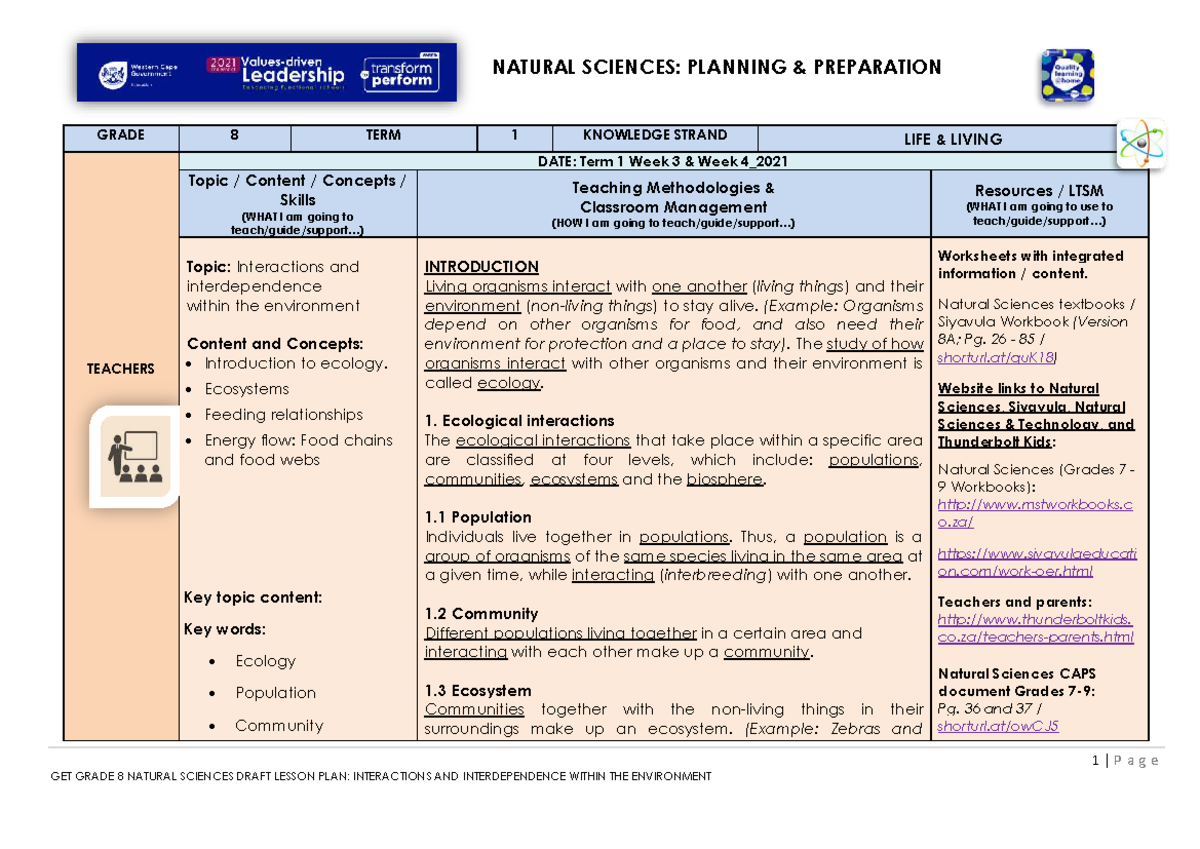 Grade 8 Natural Sciences Lesson Plan: Interactions & Interdependence T1 ...