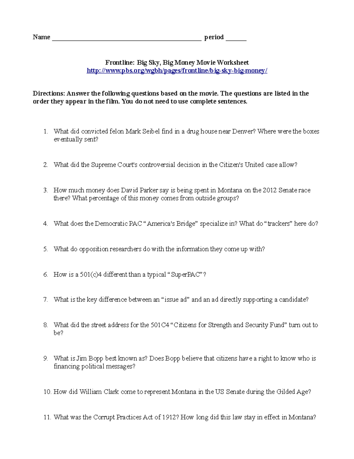 Frontline: Big Sky Big Money Movie Worksheet and Questions - Studocu