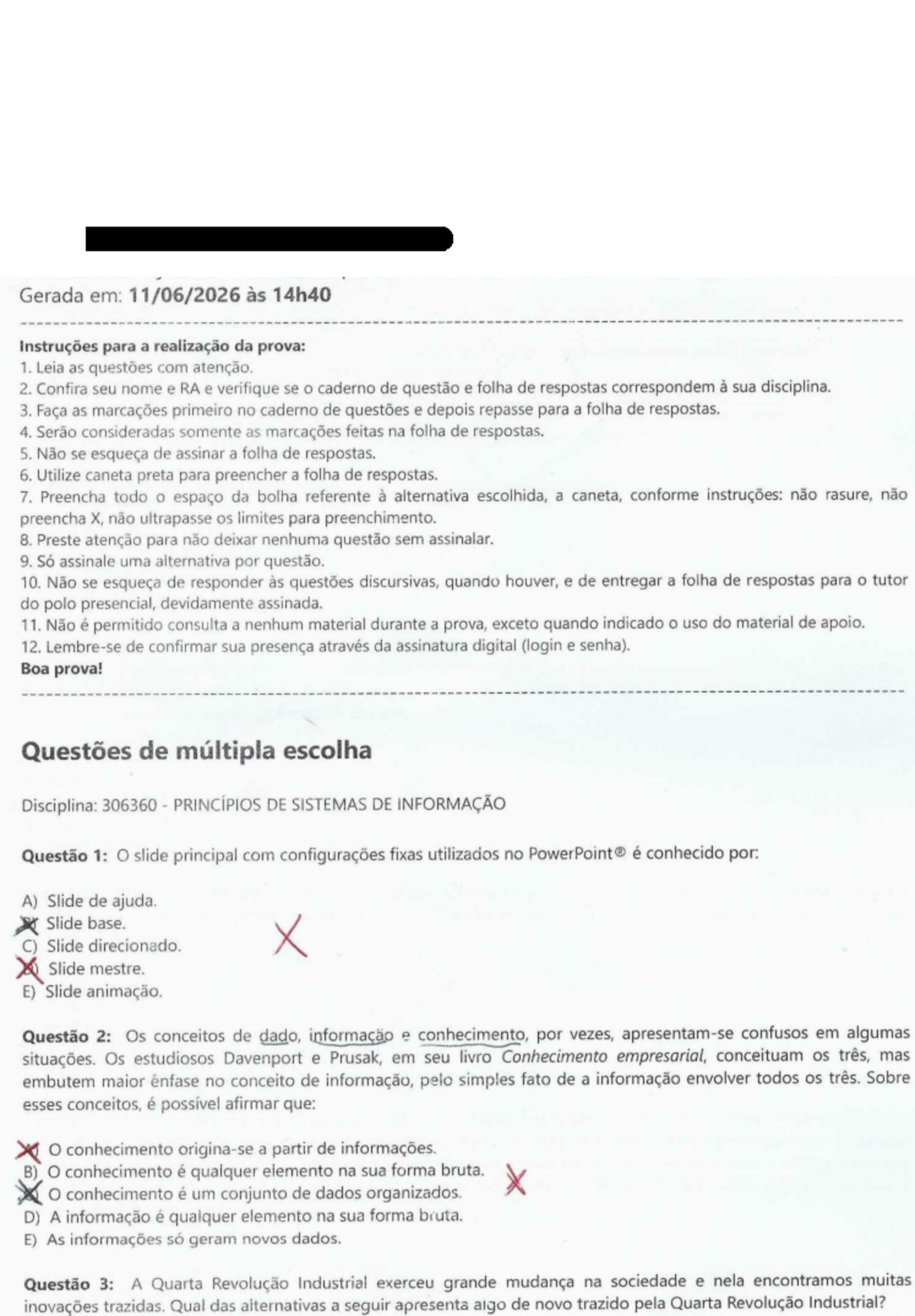 Instruções para Prova - 306360 Princípios de Sistemas de Informação ...