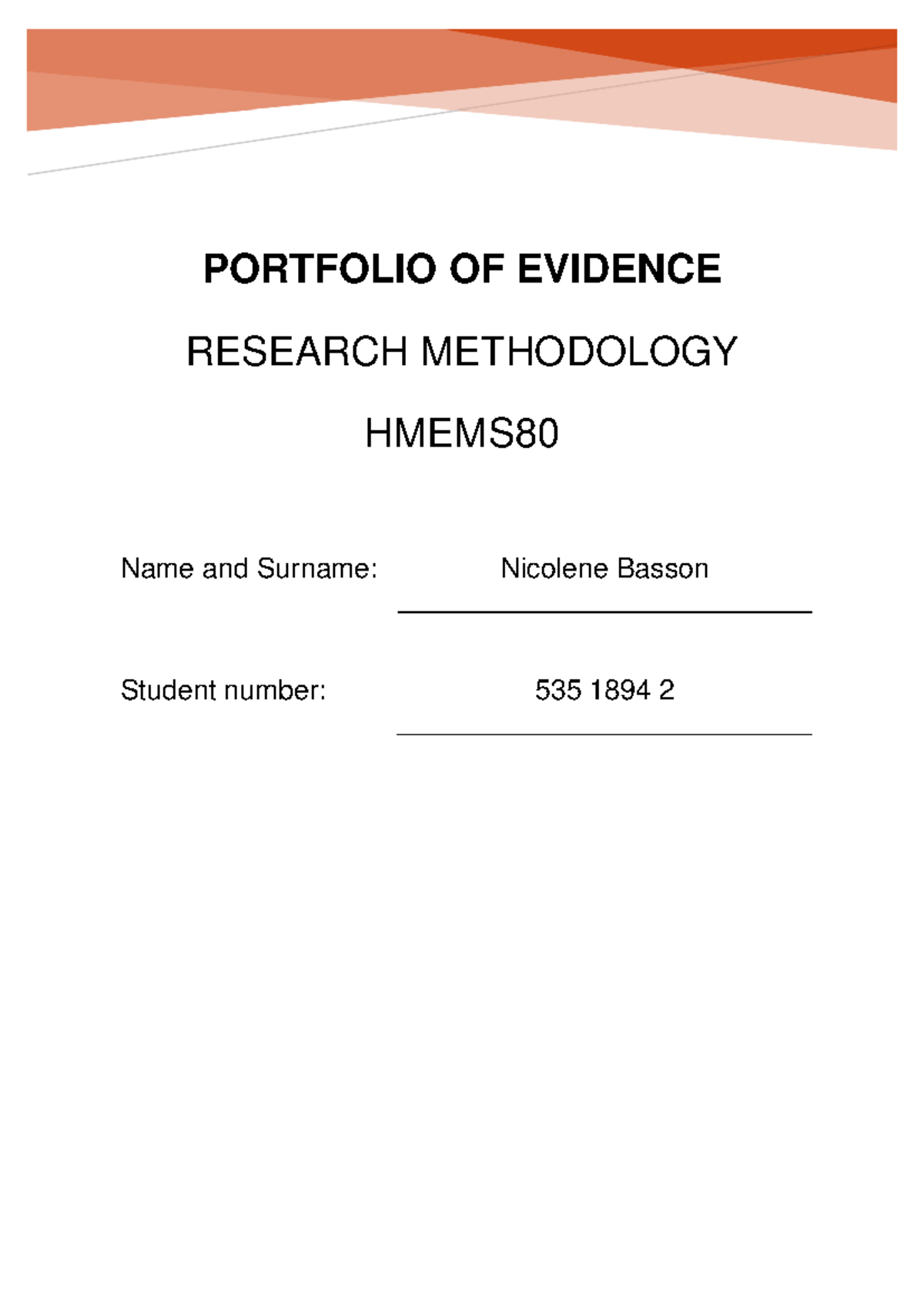 Portfolio of Evidence for Research Methodology HMEMS80 by Nicolene ...