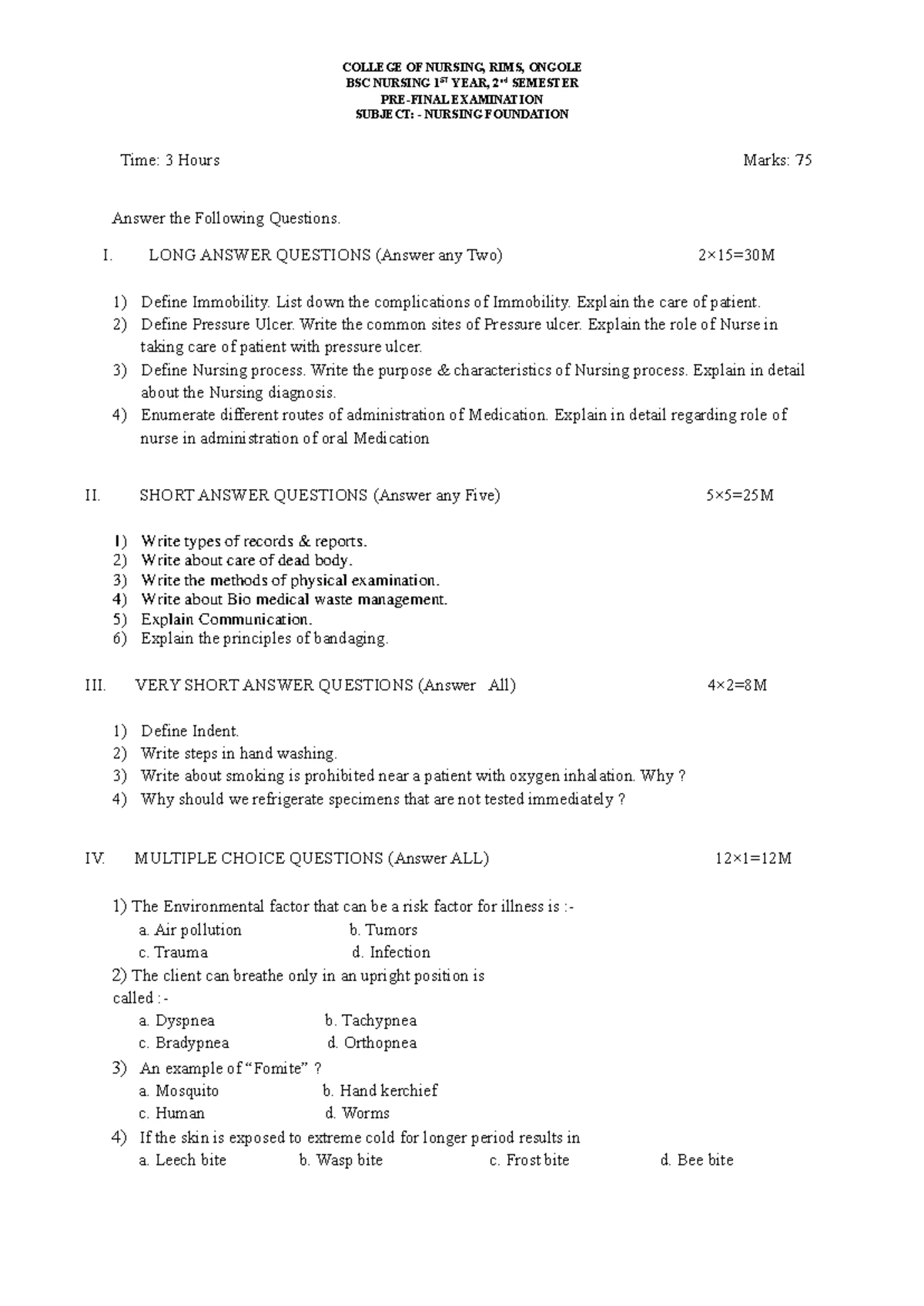BSC Nursing 1st Year 2nd Sem Exam: Nursing Foundation Questions - Studocu