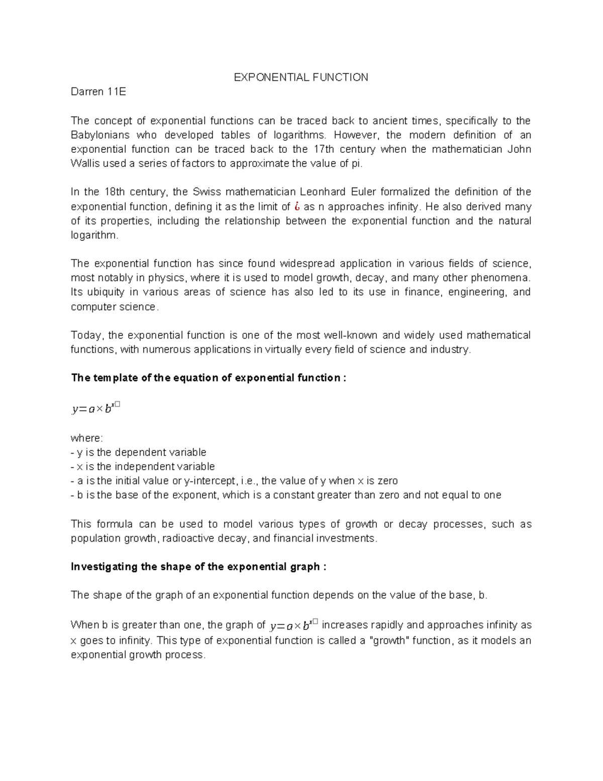 Exponential Function Concepts and Applications - IA Notes - Studocu