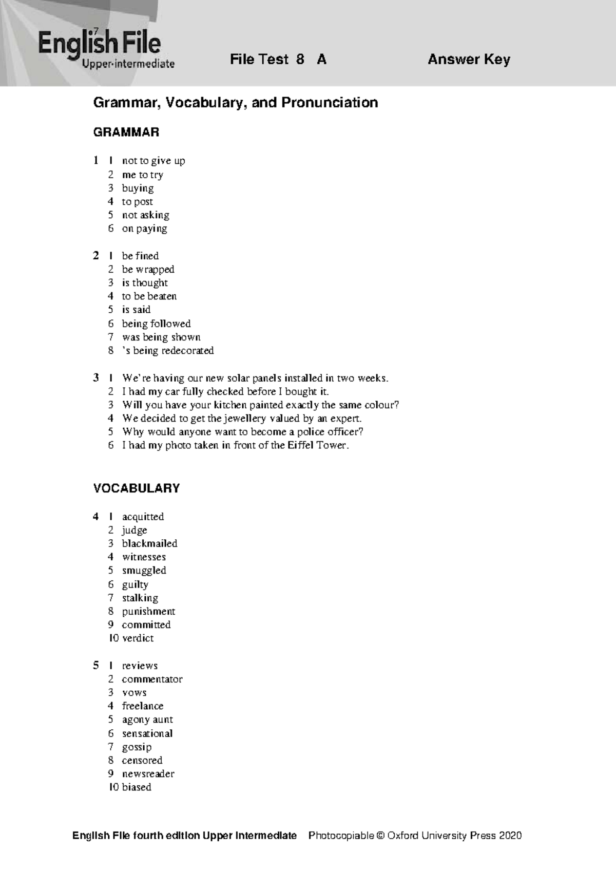 EF4e File Test 8A Answer Key and Grammar Review - Studocu
