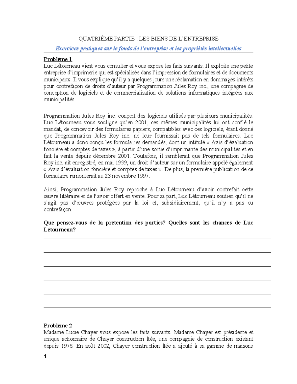 Problèmes sur le fonds de commerce et la propriété intellectuelle - Studocu