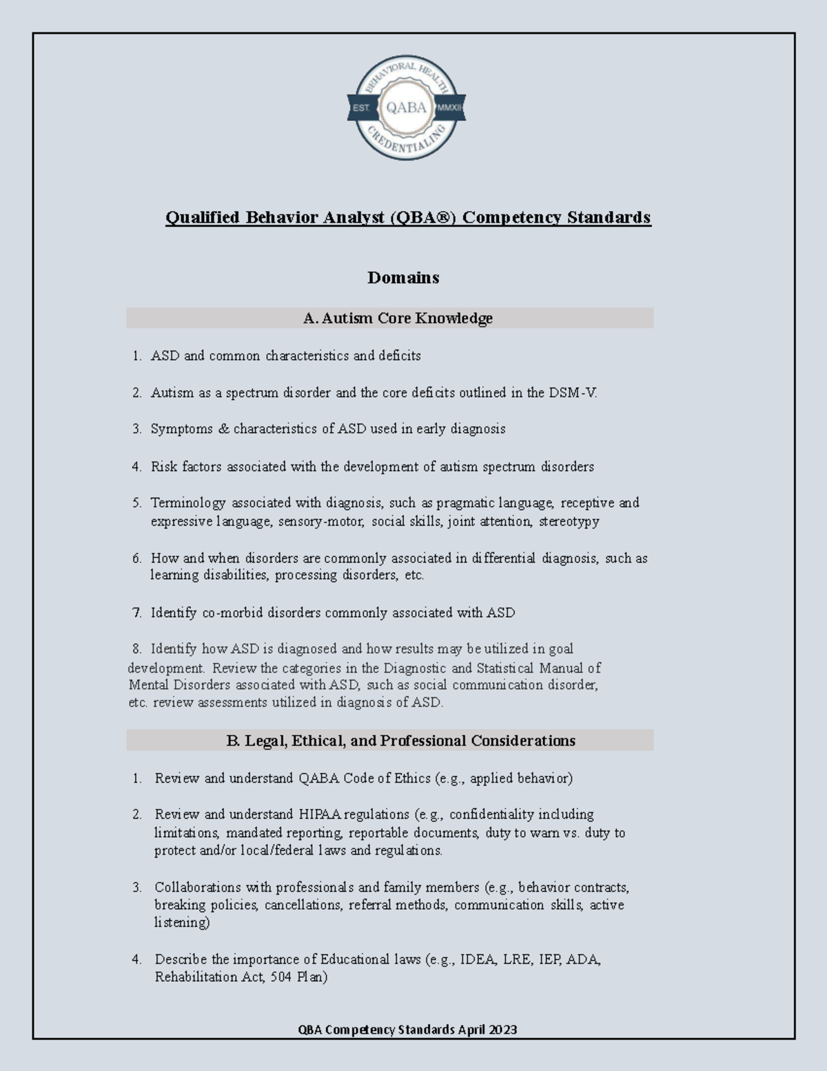 QBA Competency Standards: Autism Knowledge, Ethics, and ABA Principles ...