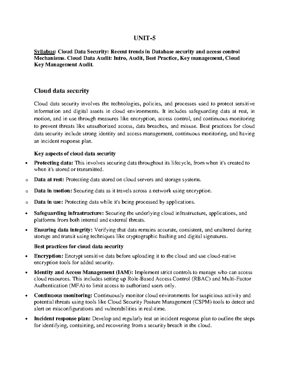 UNIT 5: Cloud Data Security & Access Control Mechanisms Overview - Studocu