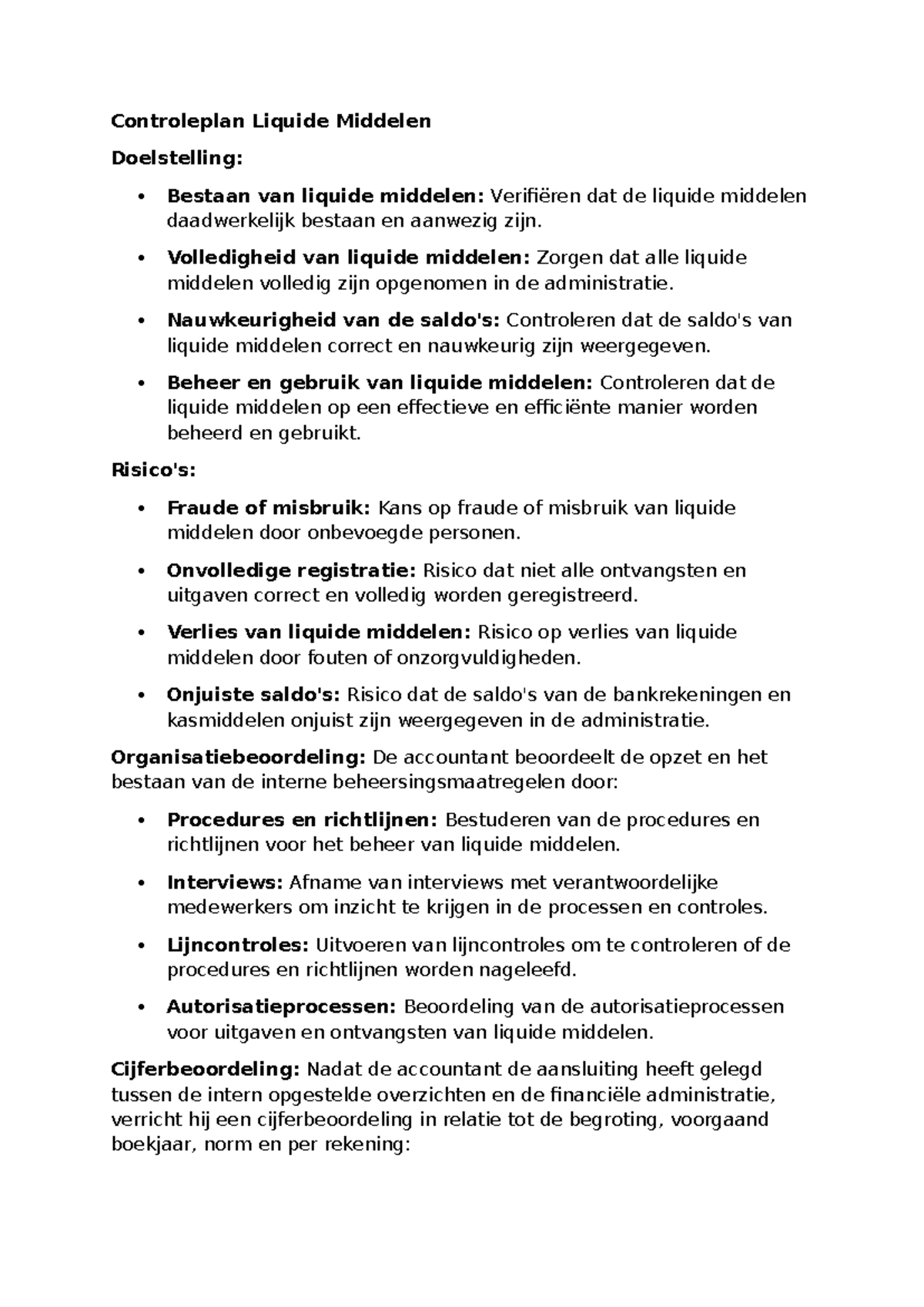 Controleplan Liquide Middelen: Risico's en Beheer Strategieën - Studeersnel