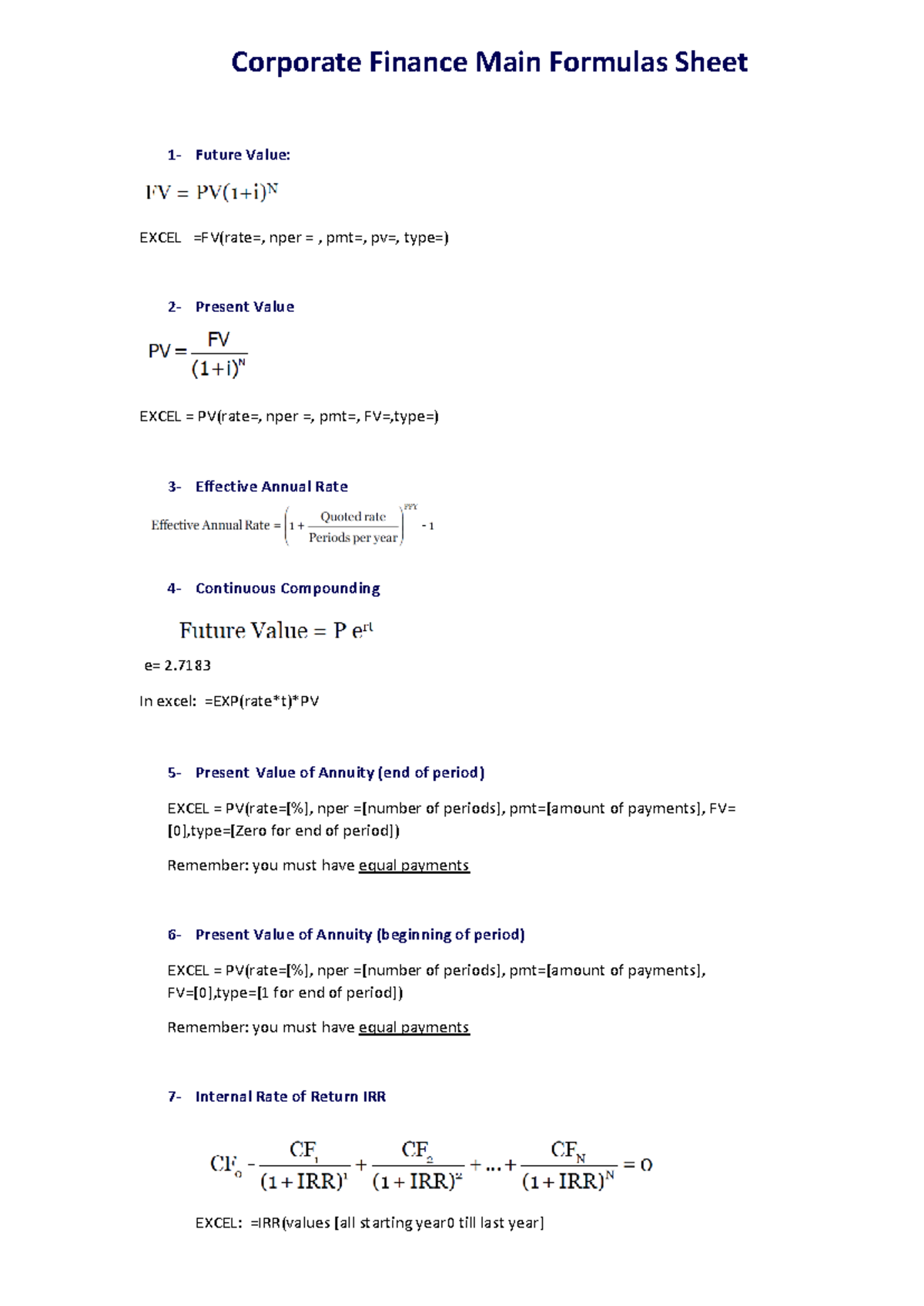 Corporate Finance Formula Sheet 2023 v5 240201 17580 - Corporate ...
