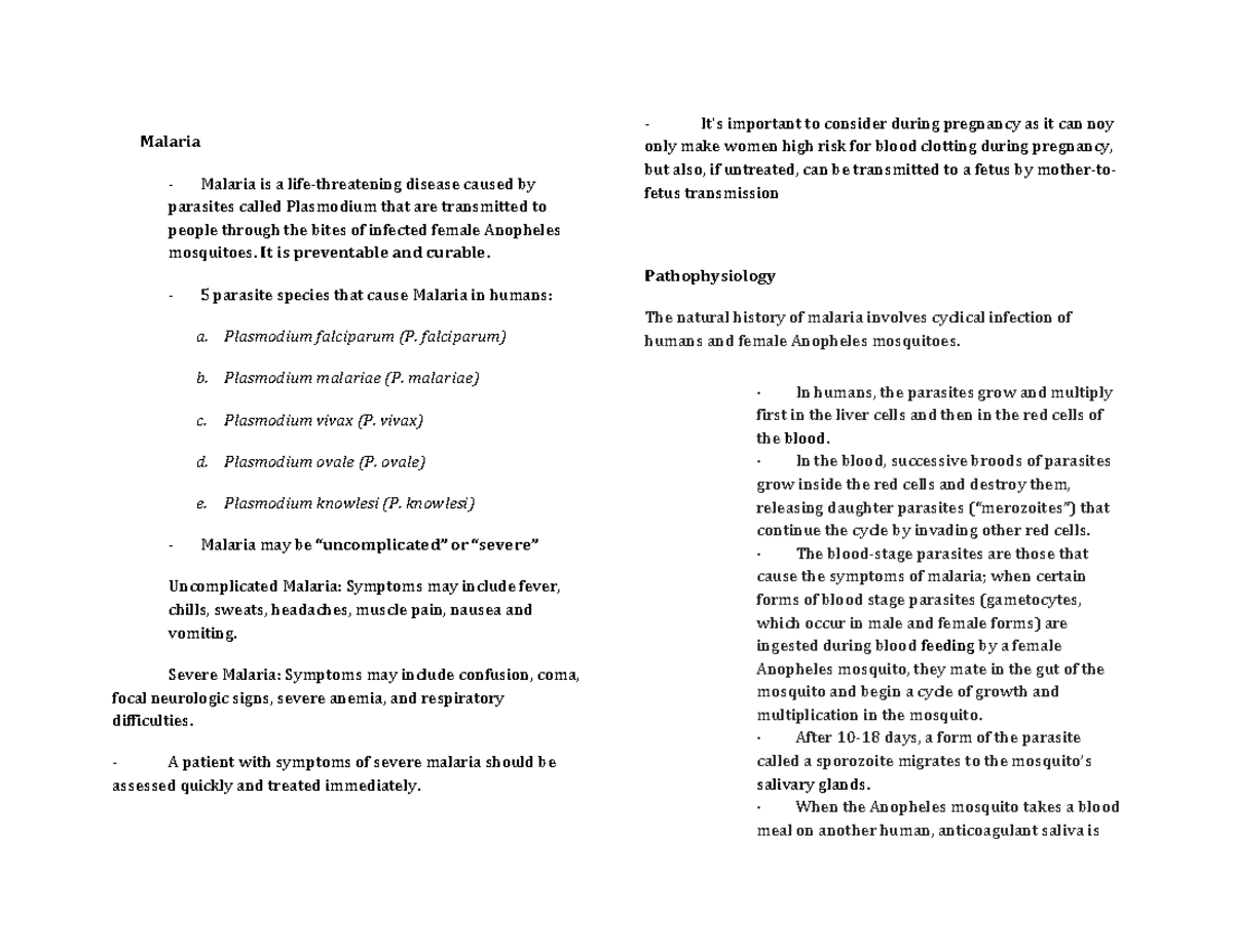 Malaria Overview and Treatment: Key Insights and Guidelines - Studocu