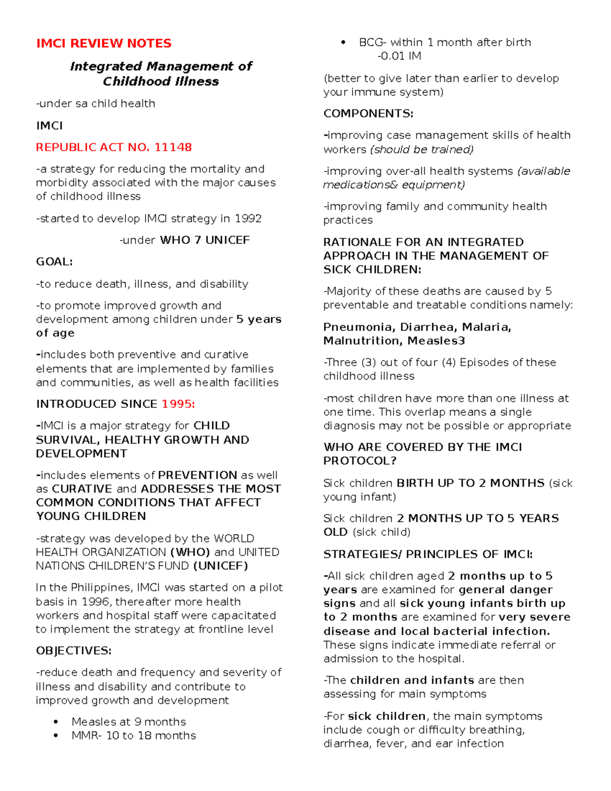 IMCI Review Notes: Integrated Management of Childhood Illnesses - Studocu