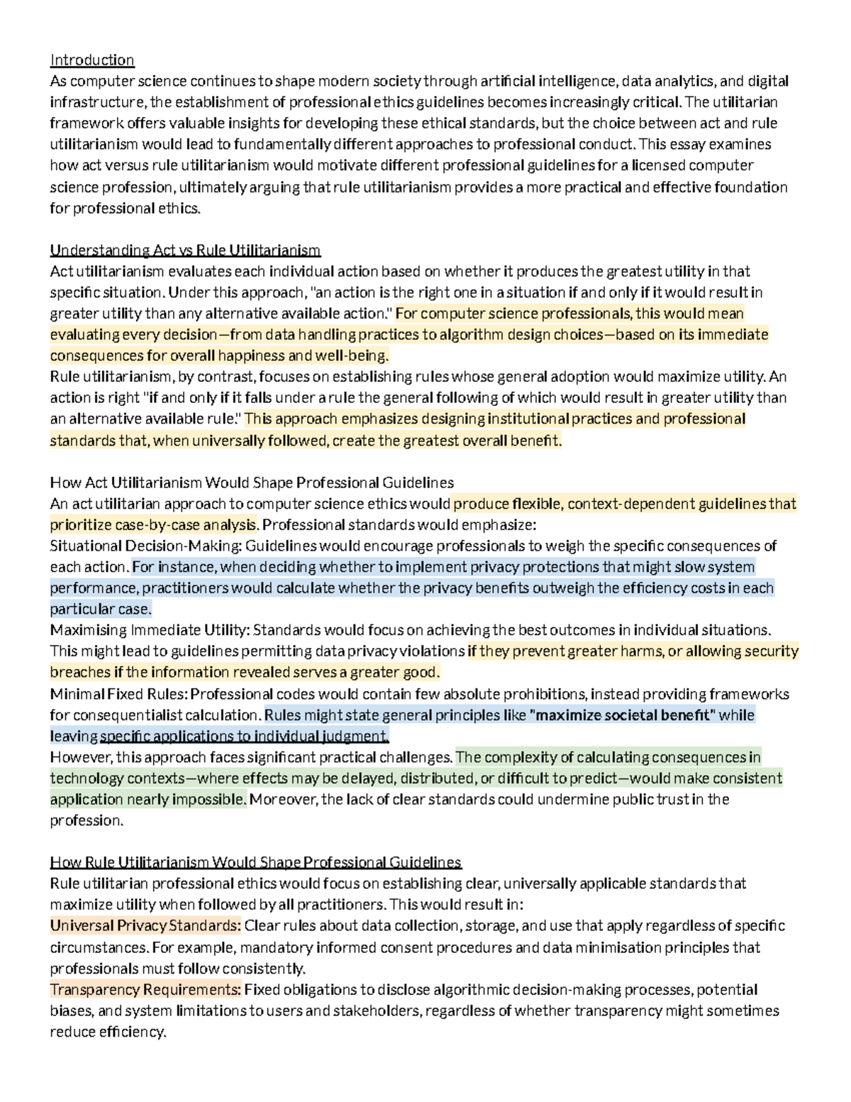 COMP4920 Essay 1: Act vs Rule Utilitarianism in Computer Science Ethics - Studocu