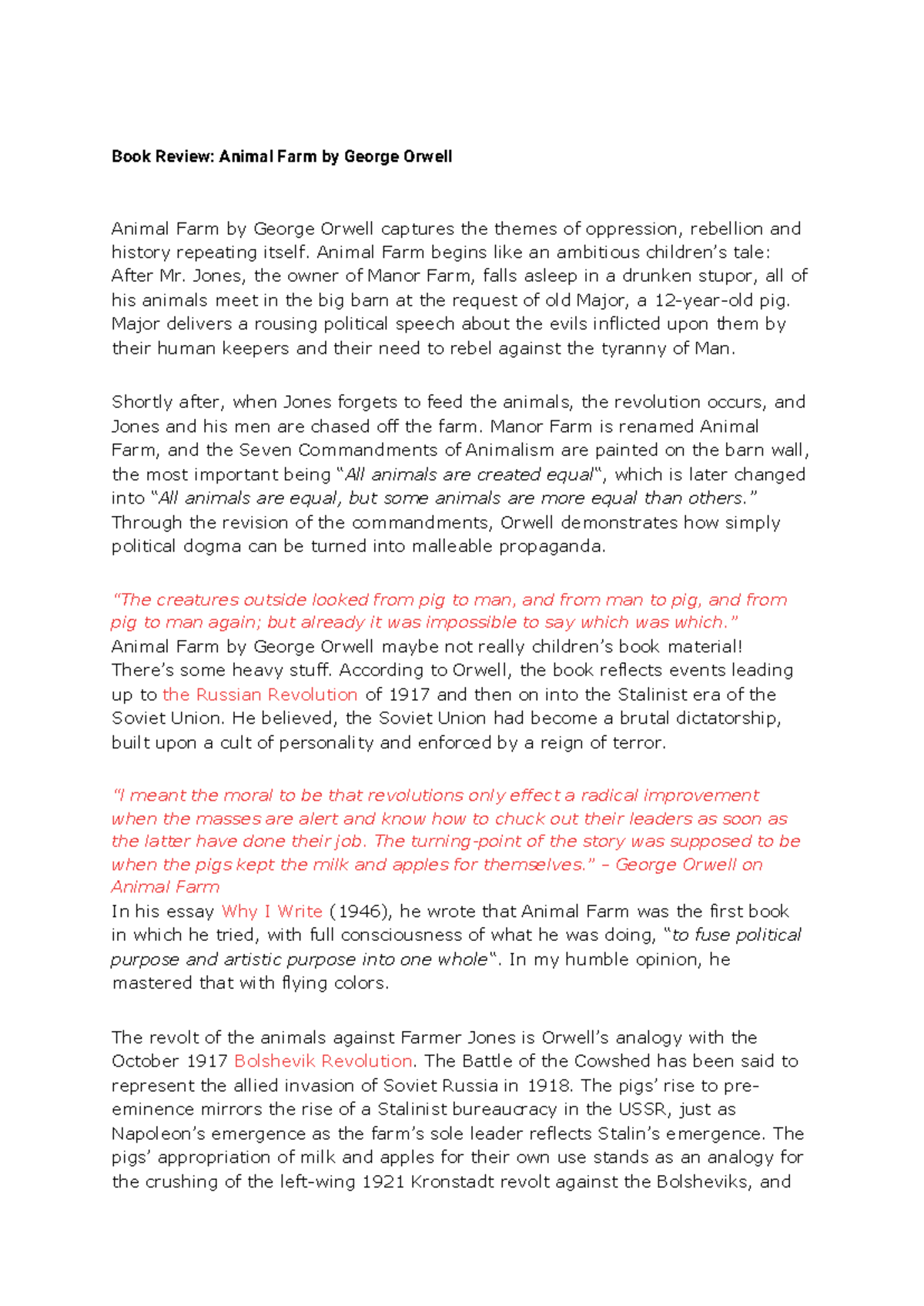 Engels Book Report: Themes and Analysis of Animal Farm by Orwell ...