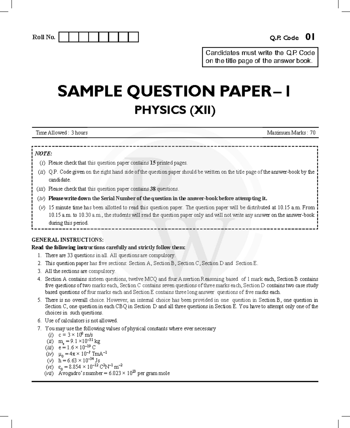 Sample Question Paper 1 for Physics (XII) - Q.P. Code 01 - Studocu