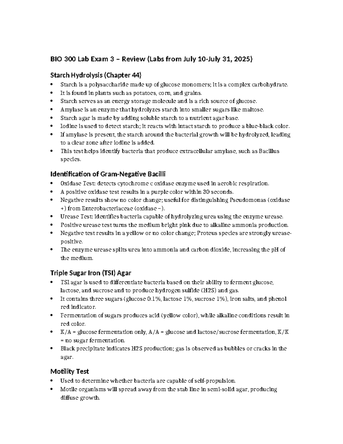 BIO 300 Lab Exam 3 Review: Starch Hydrolysis & Bacterial Tests - Studocu