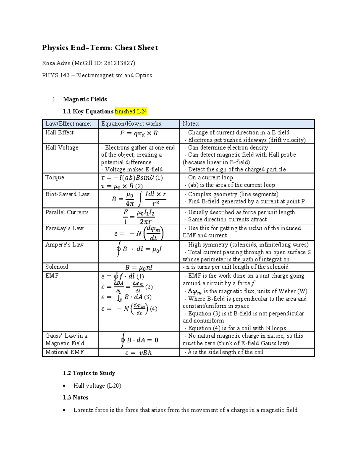 PHYS 142 - Electromagnetism & Optics Cheat Sheet - Studocu