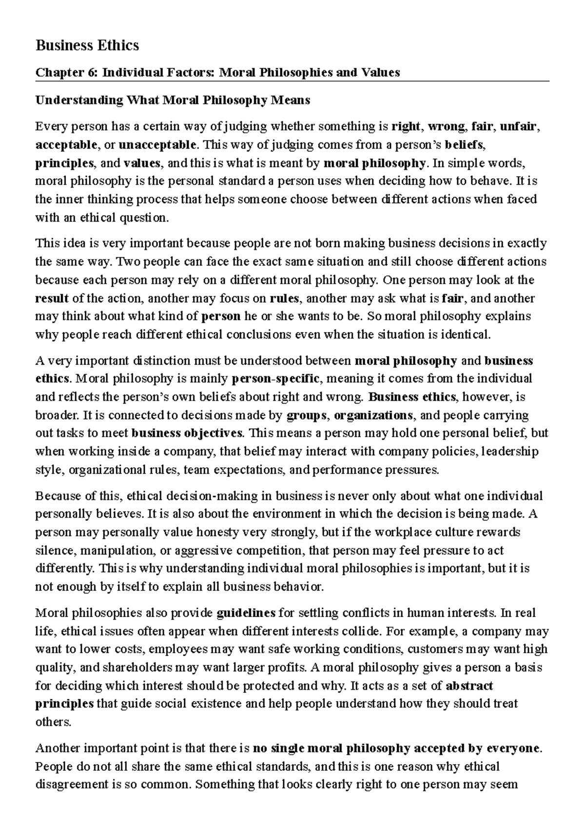 Business Ethics CH 6: Individual Factors in Moral Philosophy - Studocu