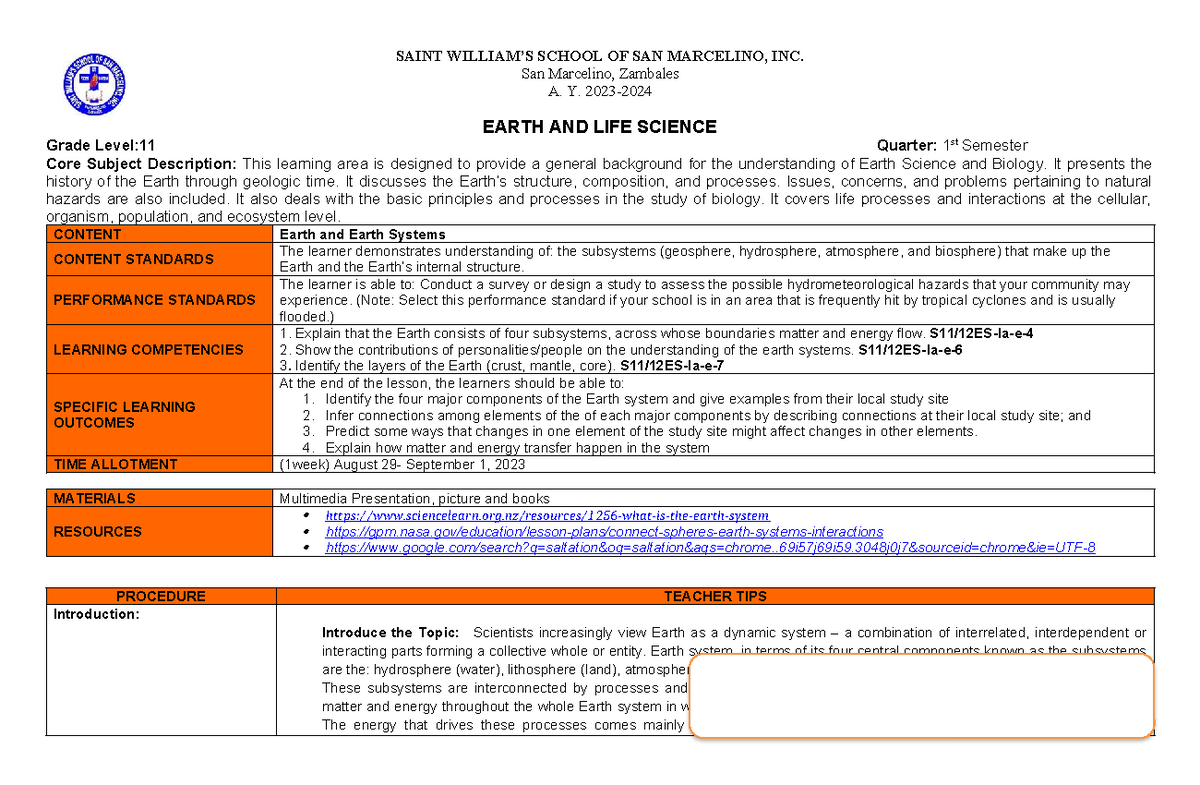 Q1 EarthSci 11 Lesson: Understanding Earth Systems and Interactions ...