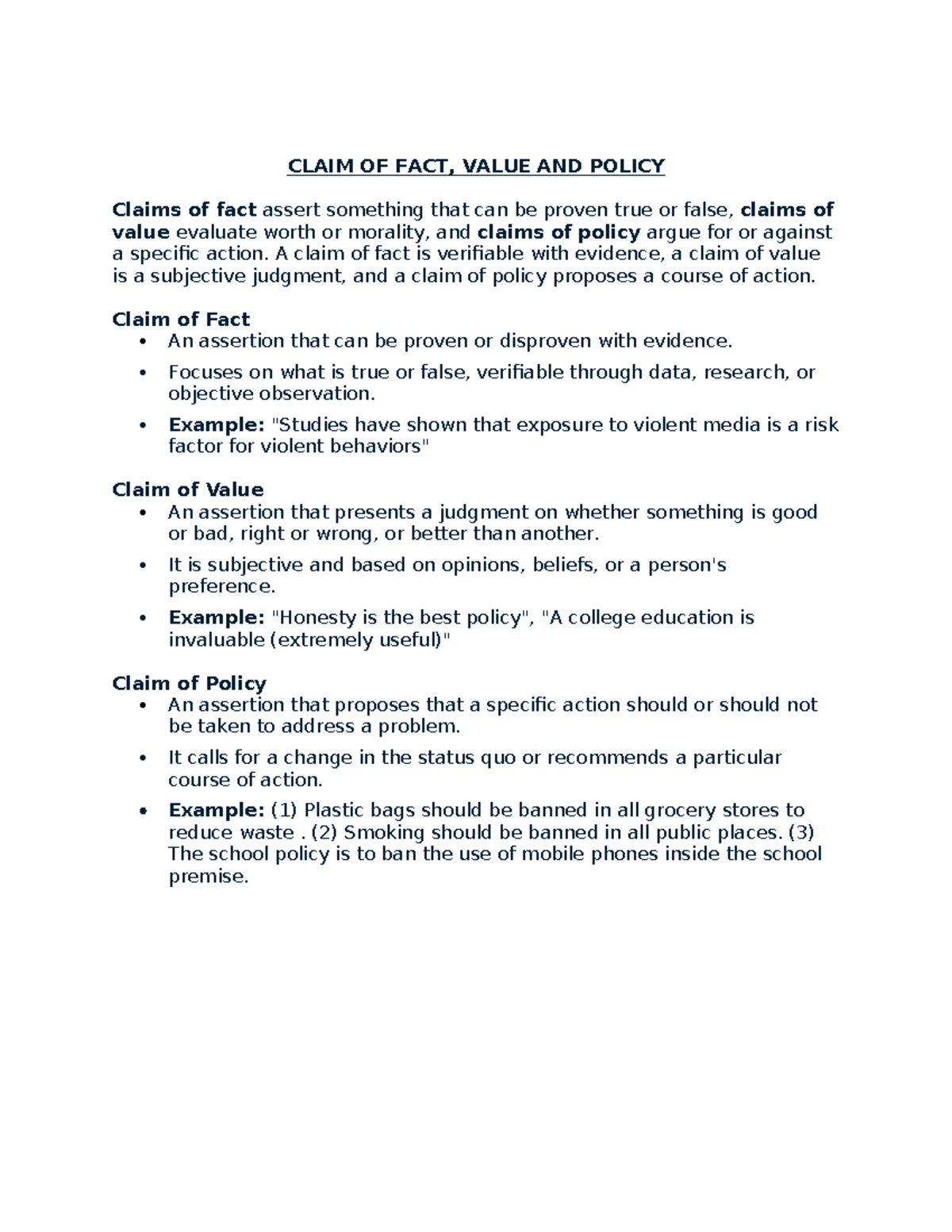 CLAIM OF FACT, VALUE, AND POLICY: Definitions & Examples - Studocu