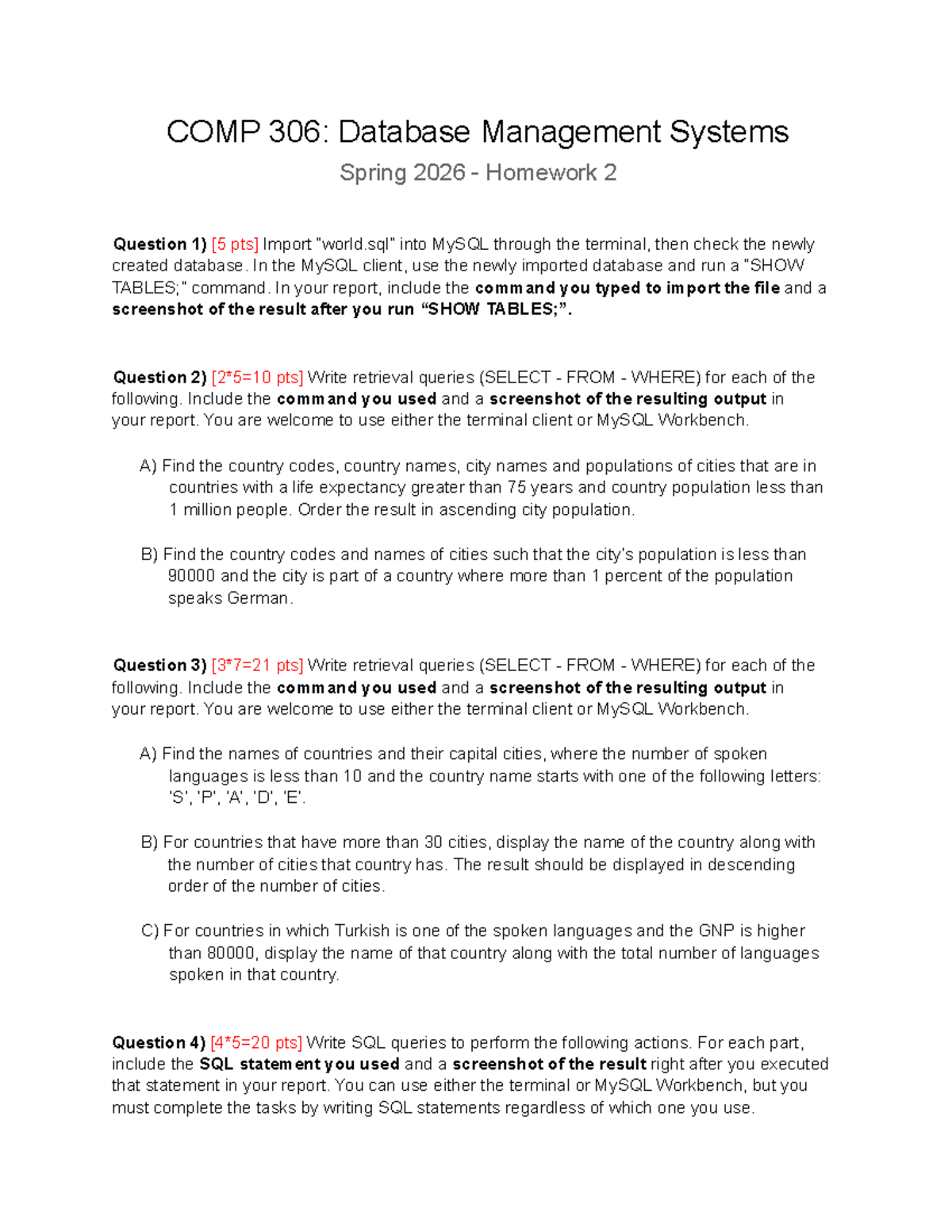 COMP 306: Database Management Systems Spring 2026 Homework 2 Queries ...