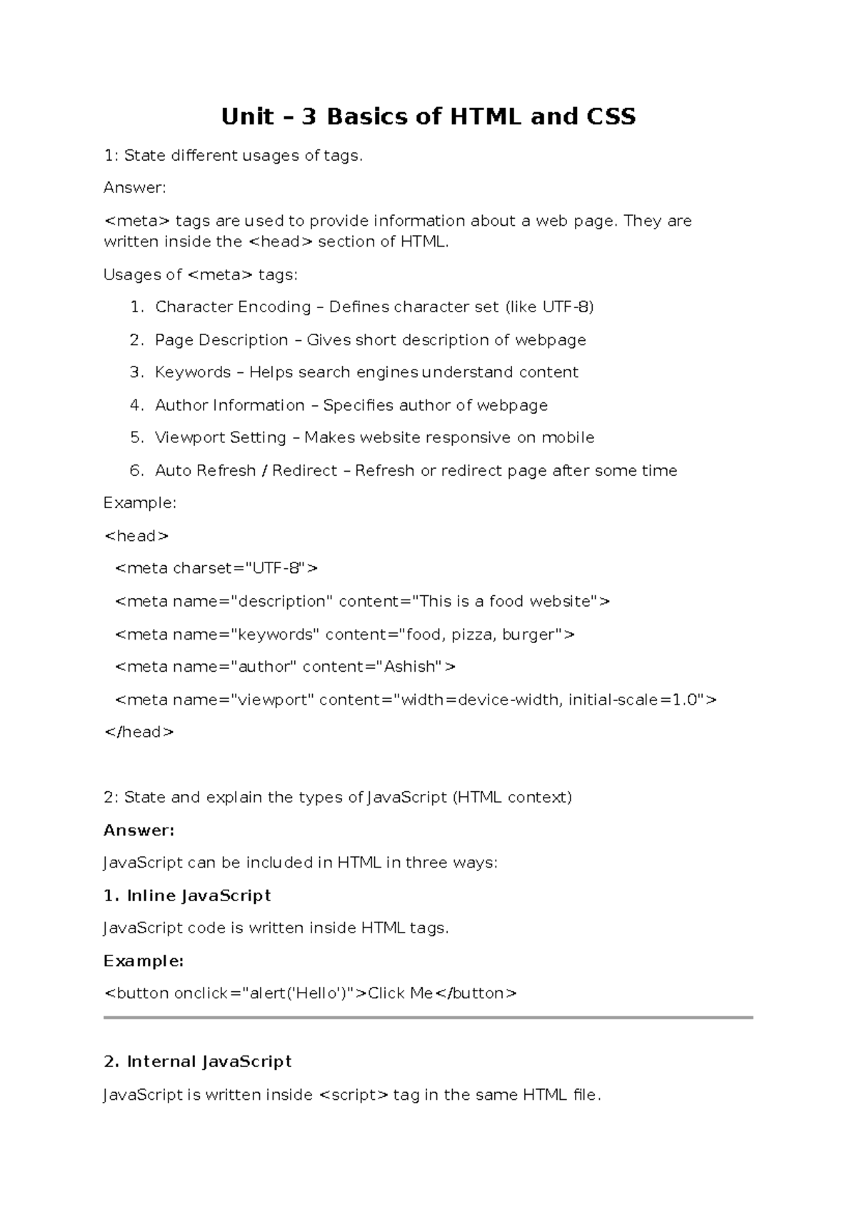 Unit 3 Basics of HTML and CSS: Usages of Tags and JavaScript Types ...