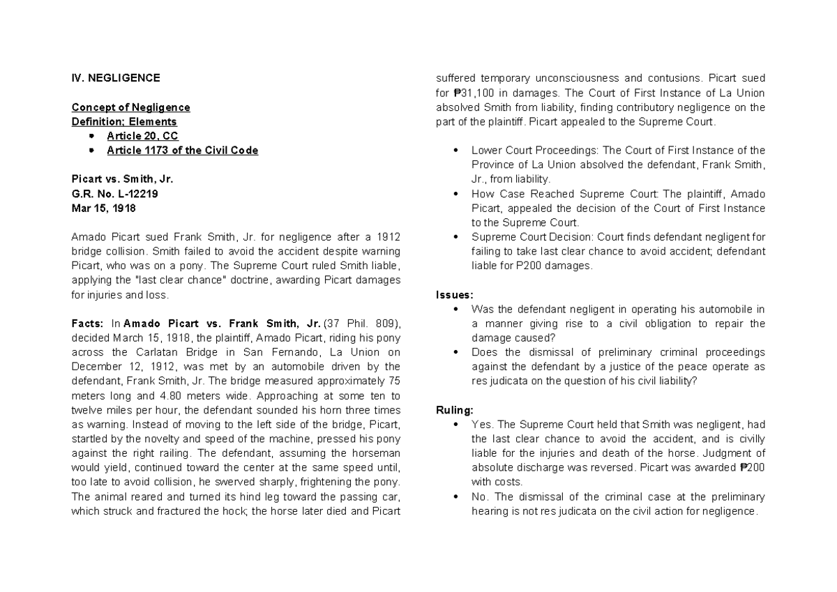 IV. Negligence: Key Concepts, Cases, and Legal Principles Review - Studocu