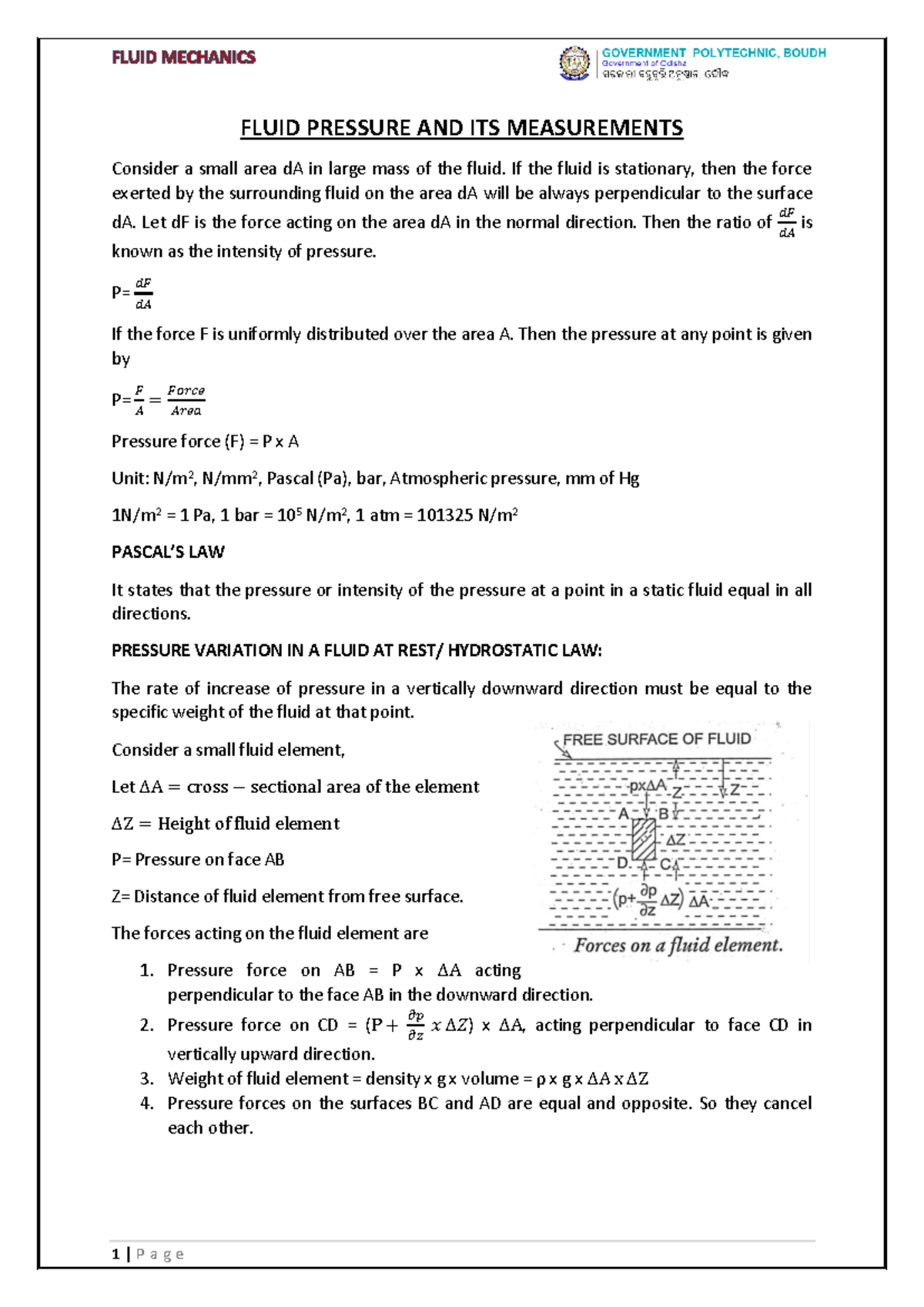 Fluid mechanics ch2 - Notes - FLUID PRESSURE AND ITS MEASUREMENTS ...